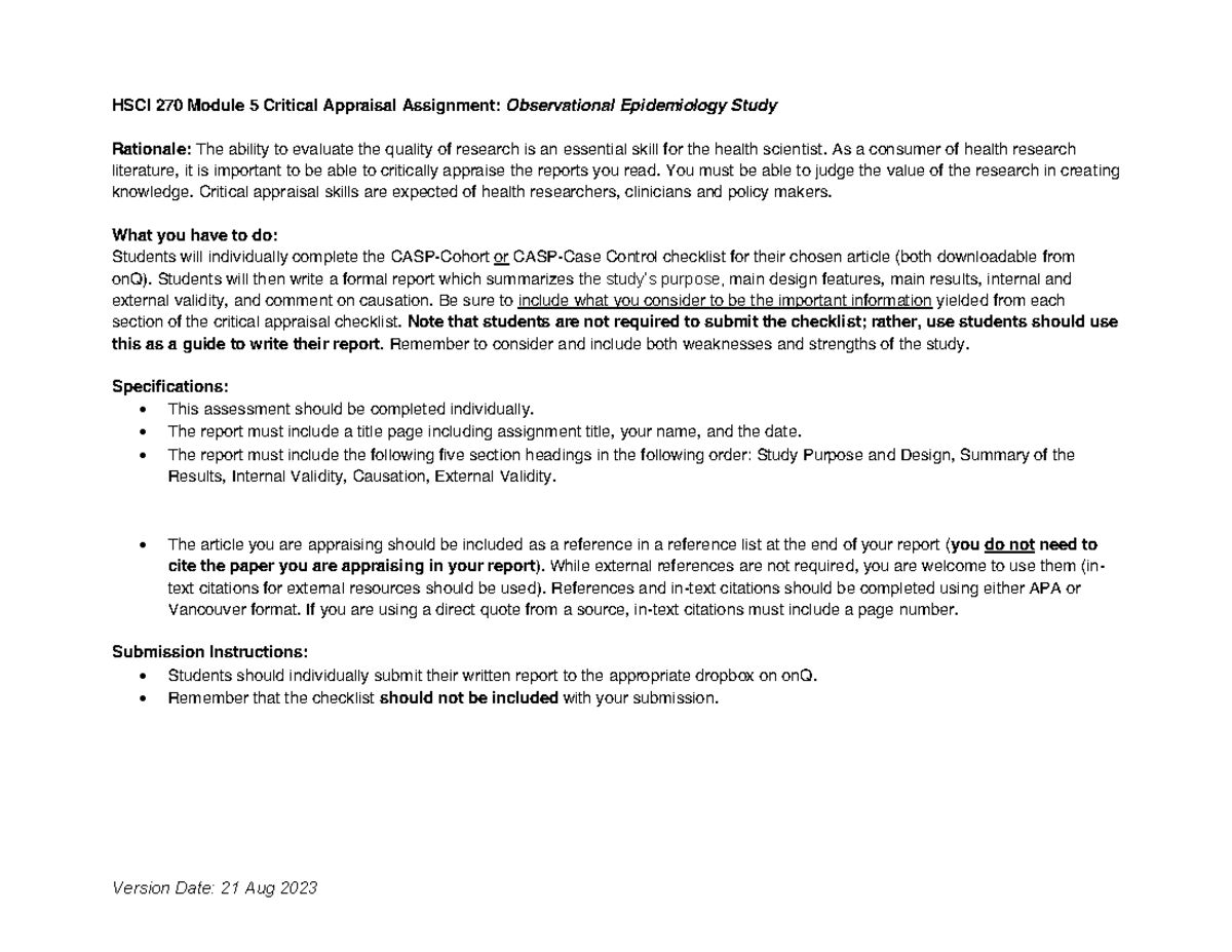 Module 5 Assignment Description - HSCI 270 Module 5 Critical Appraisal ...