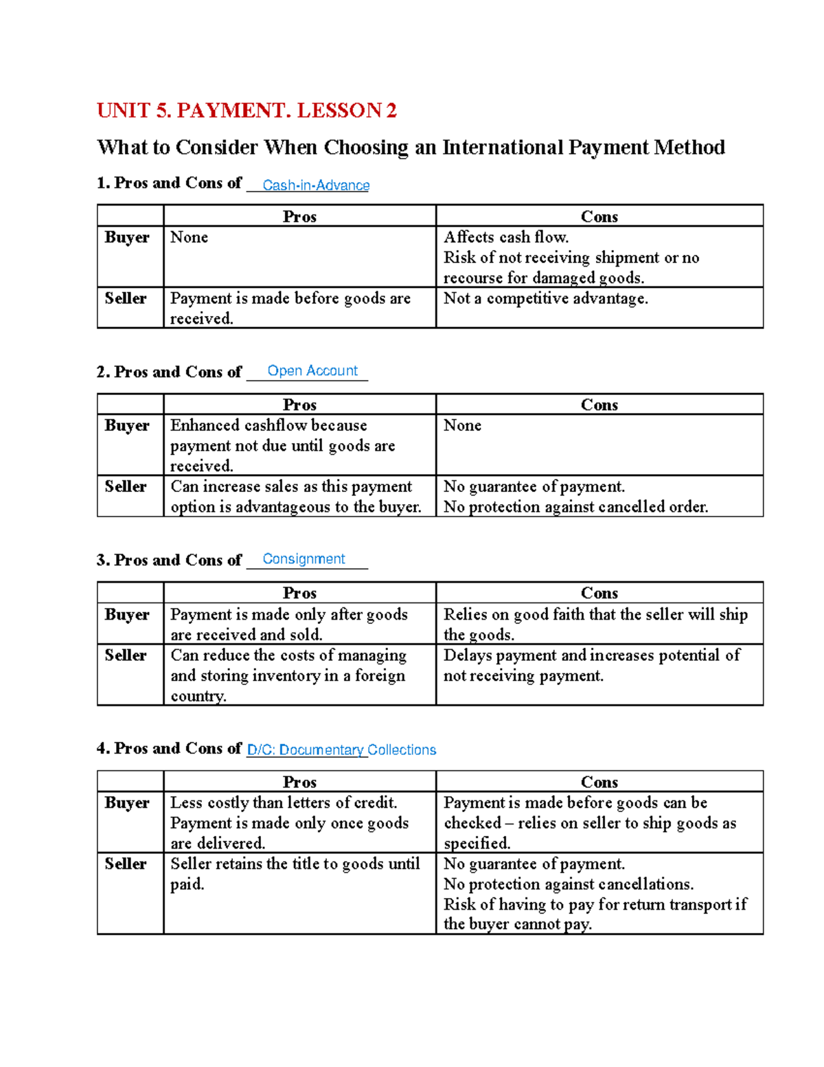 UNIT 5. Payment. L2 - UNIT 5. PAYMENT. LESSON 2 What to Consider When ...
