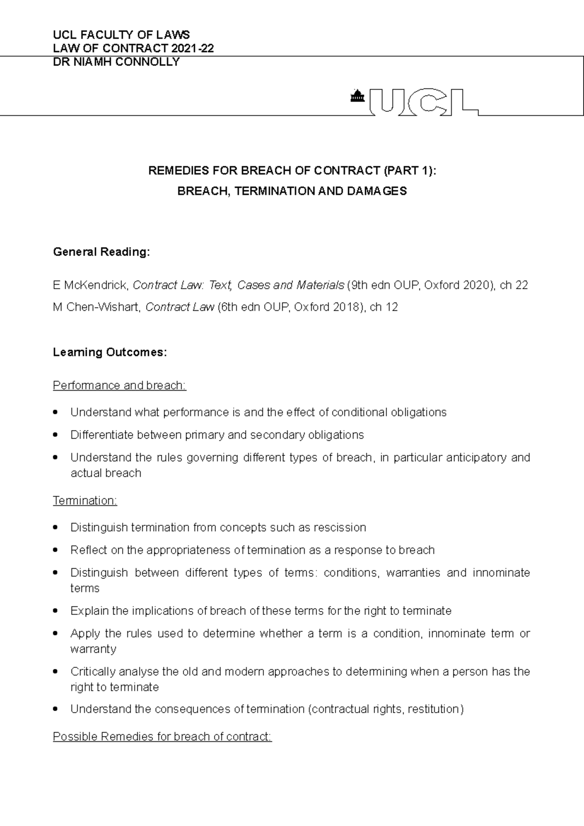 Remedies for breach part 1 handout 2022 to upload - UCL FACULTY OF LAWS ...