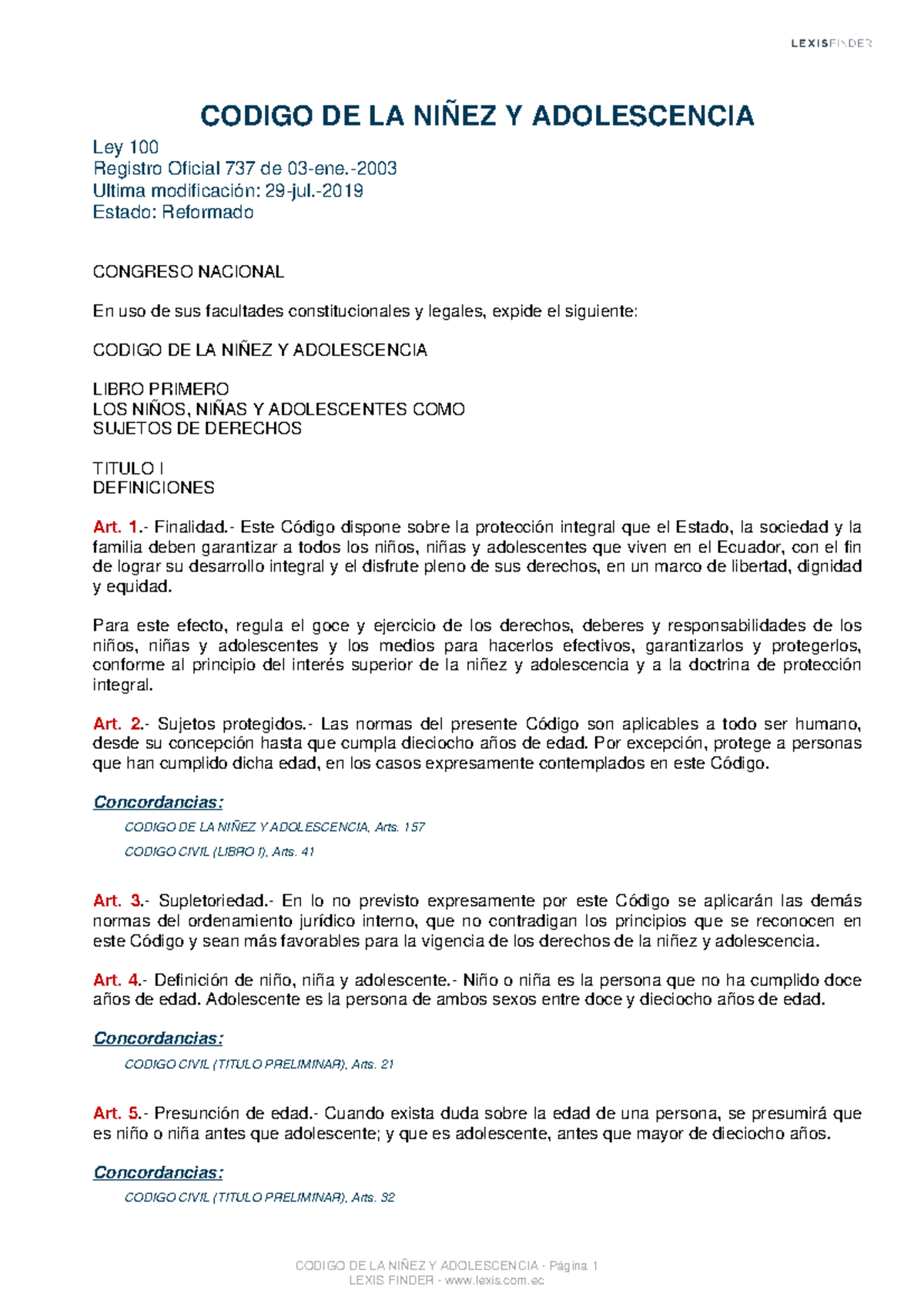 Código DE LA Niñez Y Adolescencia 2019 - CODIGO DE LA NIÑEZ Y ADOLESCENCIA Ley 100 Registro ...