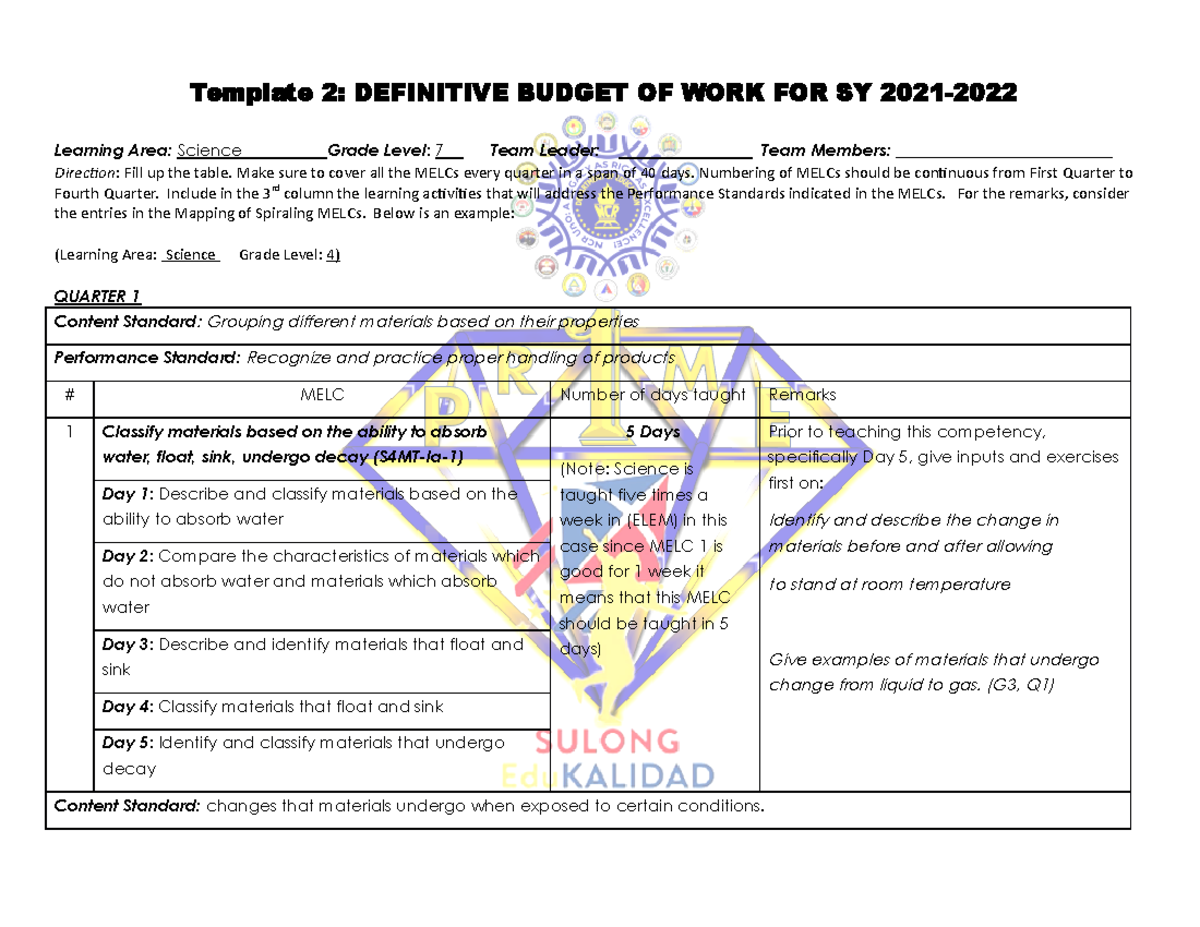 Science 7 Q1-Q4 Template 2 - Template 2 : DEFINITIVE BUDGET OF WORK FOR ...