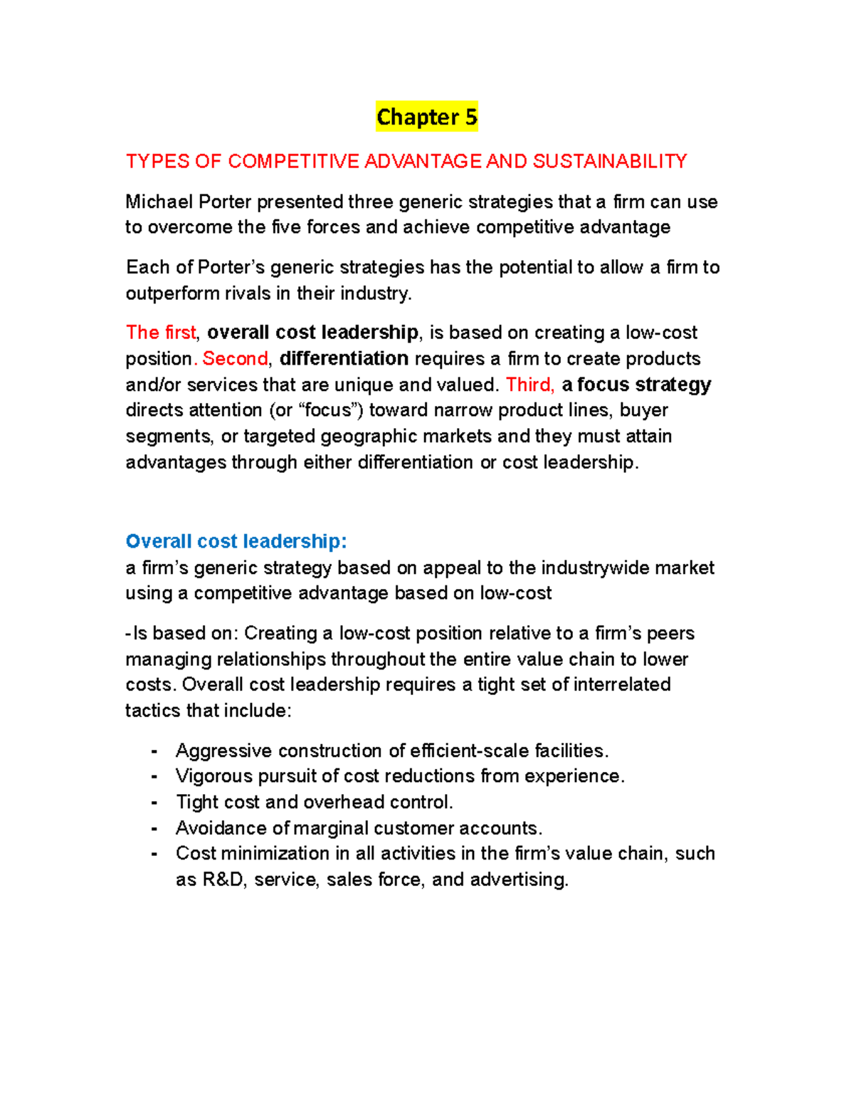 BUS310- Final - Chapter 5 TYPES OF COMPETITIVE ADVANTAGE AND ...