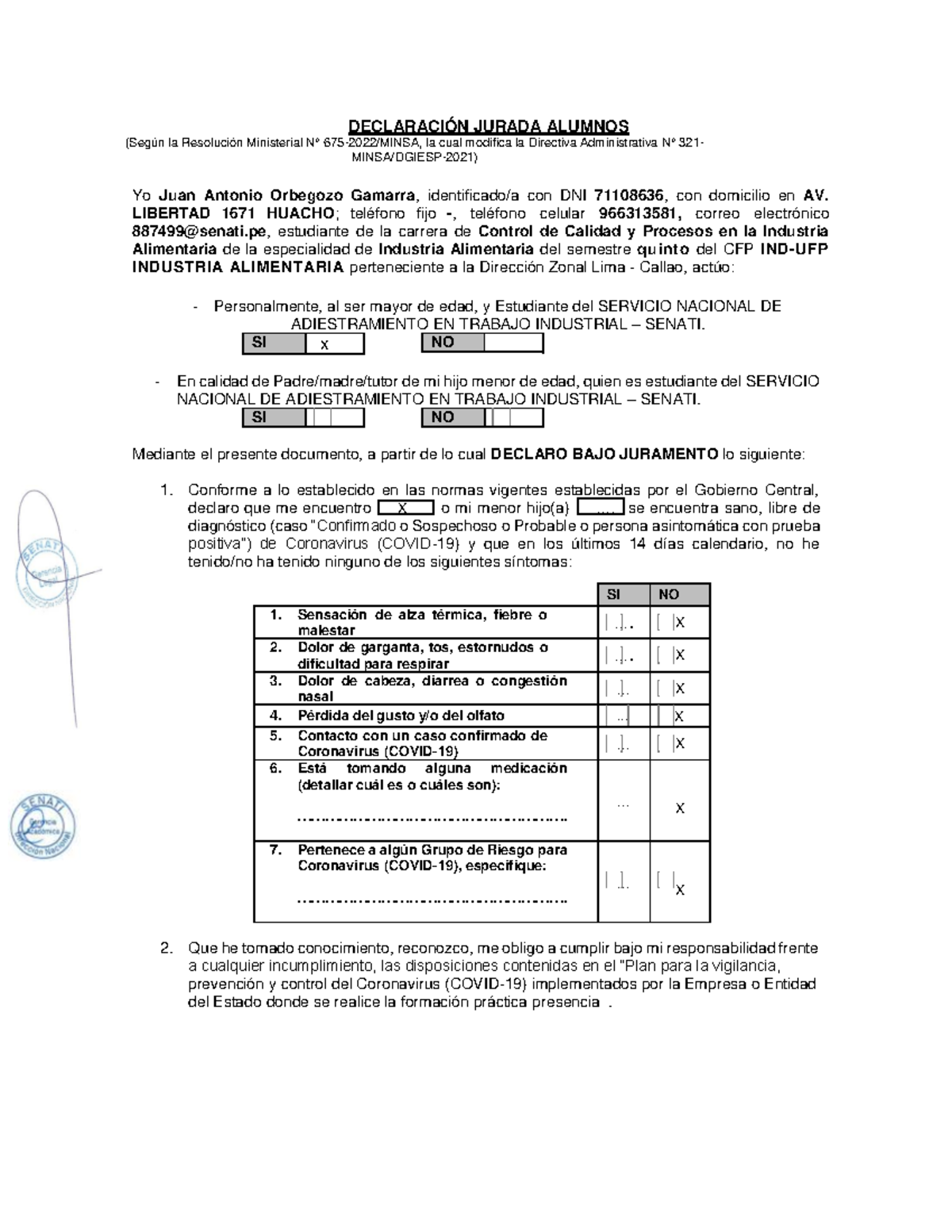 Anexo N° 02 - Declaración Jurada de Alumnos - SI NO 1. Sensación de ...