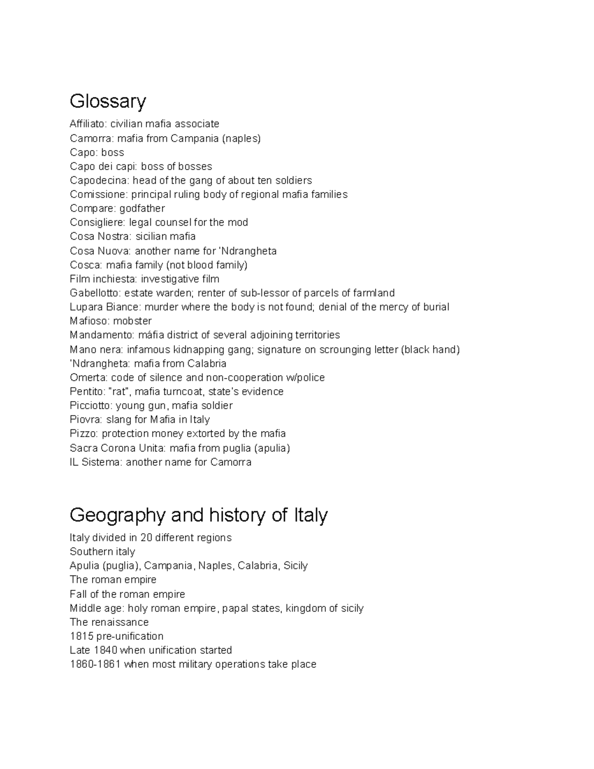 Module 1 - Glossary Affiliato: civilian mafia associate Camorra: mafia ...