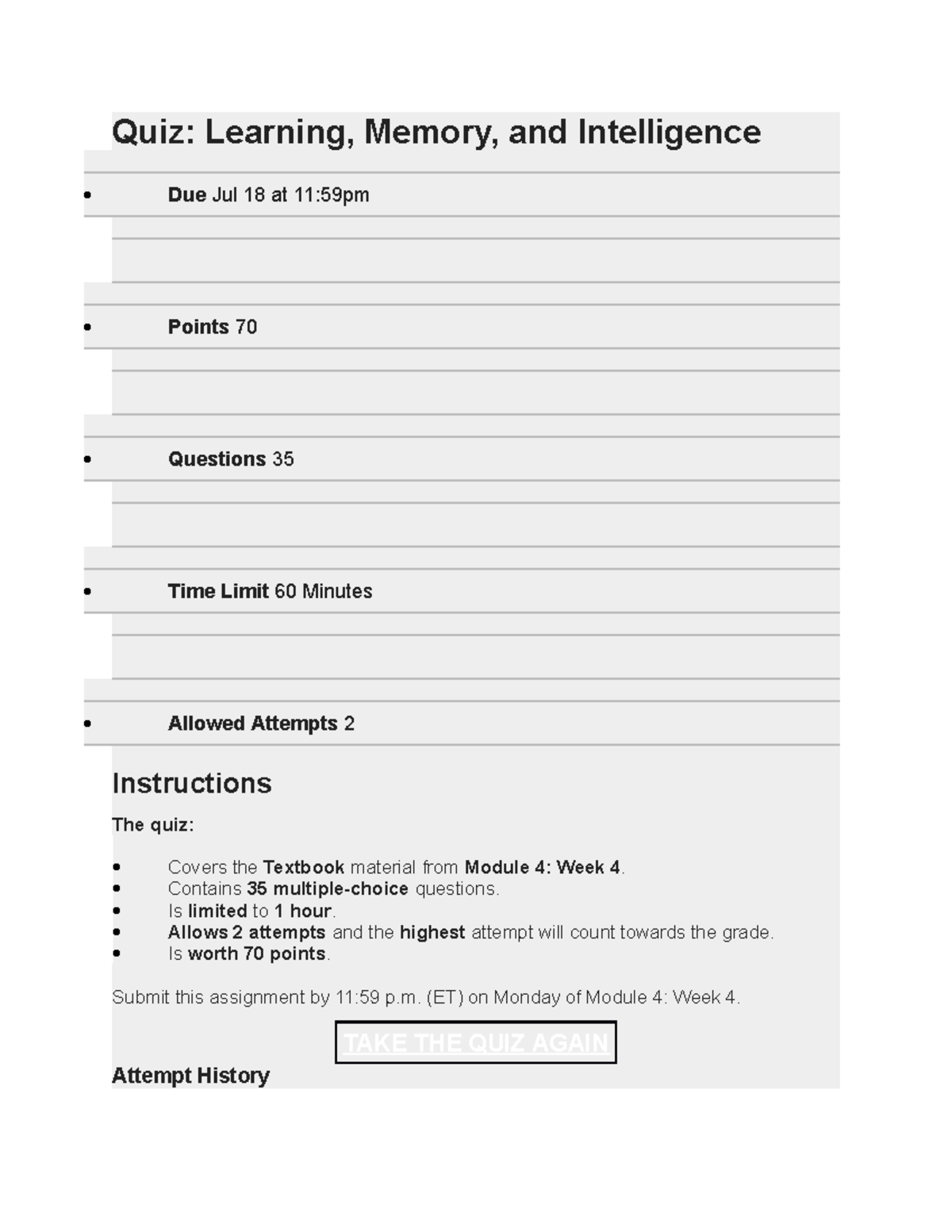 Psych 101 Quiz Week 3 - Quiz: Learning, Memory, and Intelligence Due ...