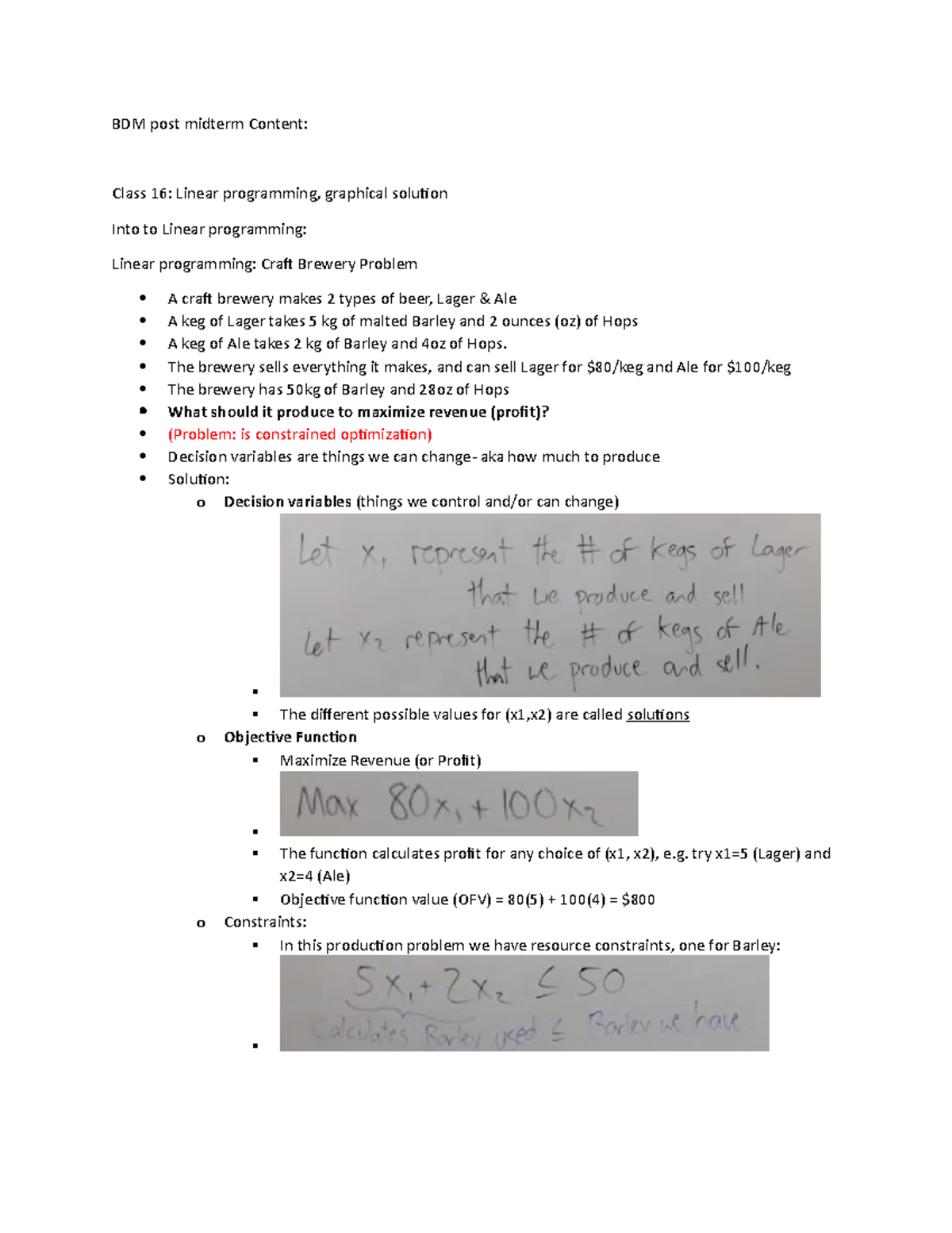 BDM - Final exam notes - BDM post midterm Content: Class 16: Linear ...