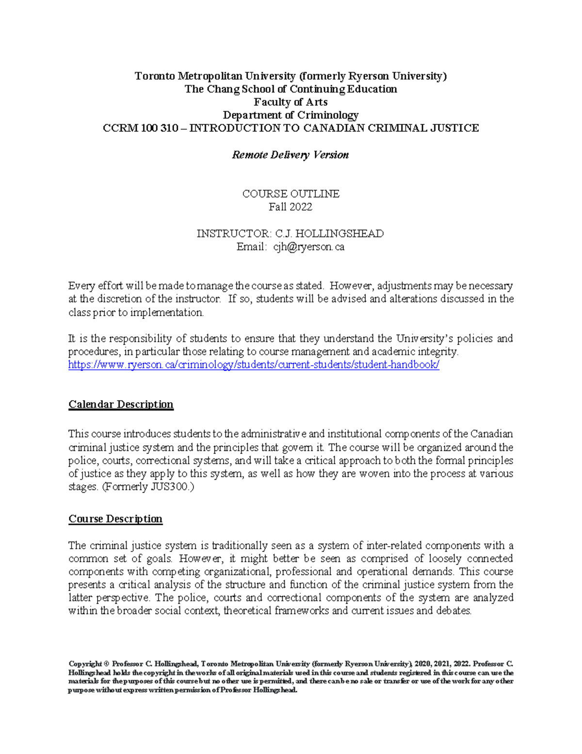 CCRM 100 310 Course Outline Fall 2022 - Copyright © Professor C ...