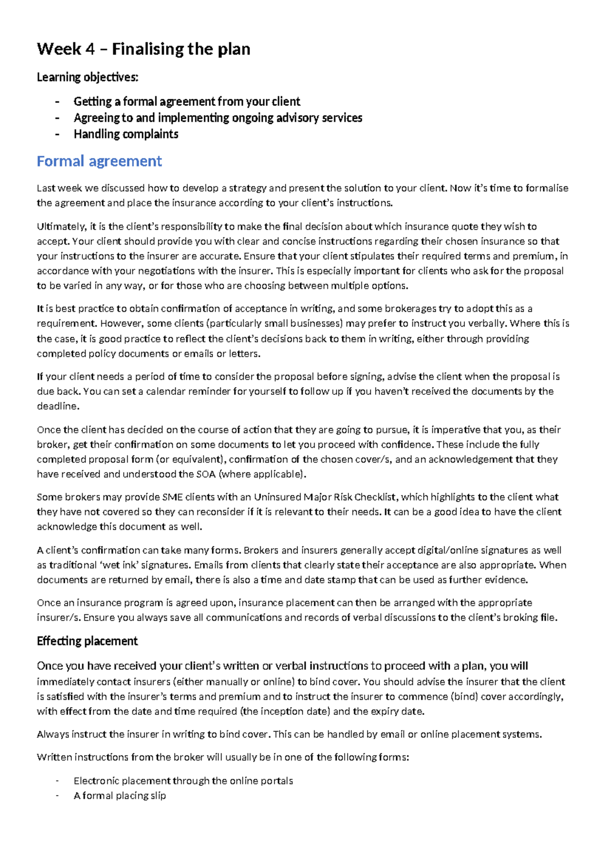 Week 4 – Finalising the plan - Week 4 – Finalising the plan Learning ...