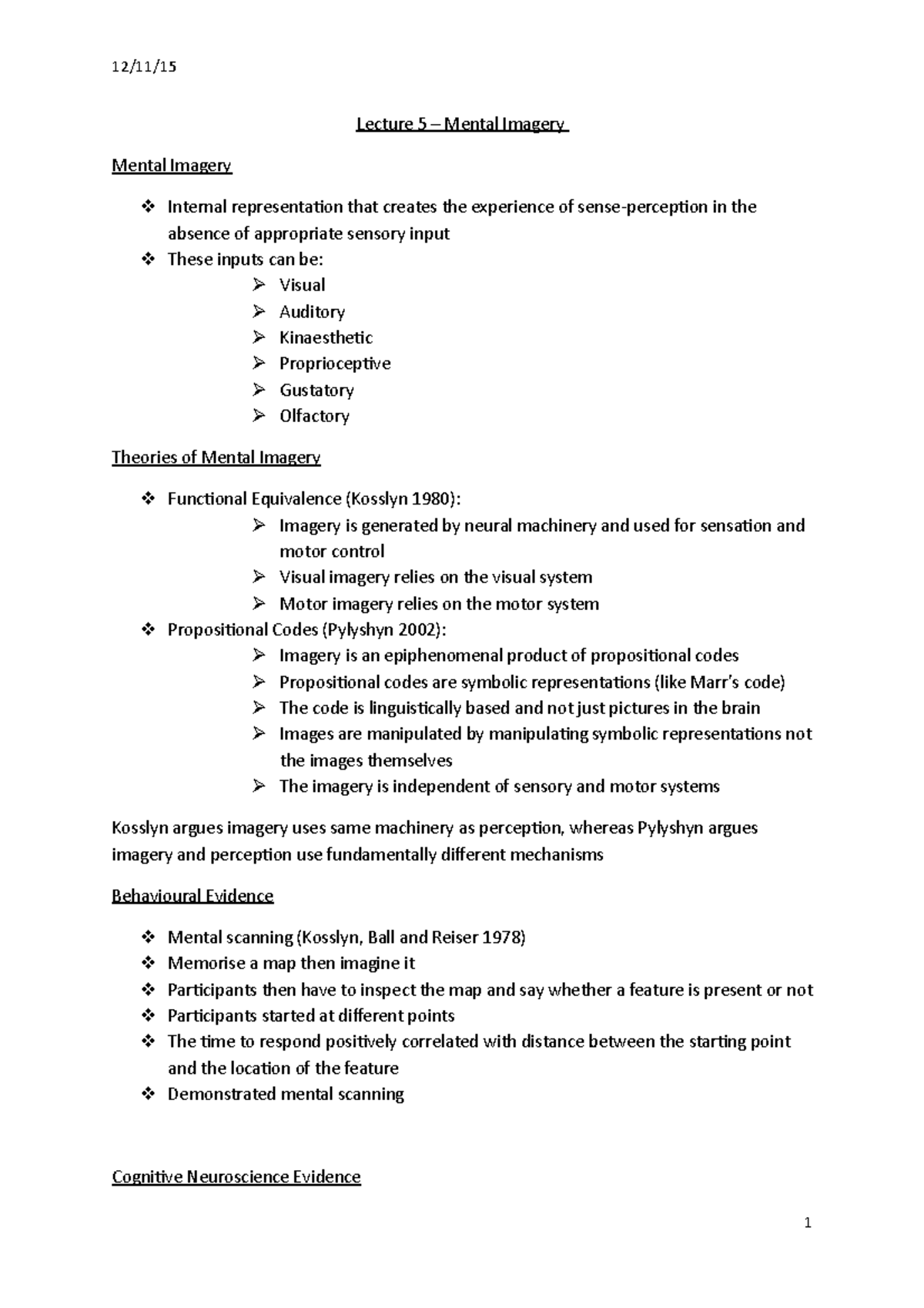 Lecture 5 - Mental Imagery - 12/11/15 Lecture 5 – Mental Imagery Mental ...