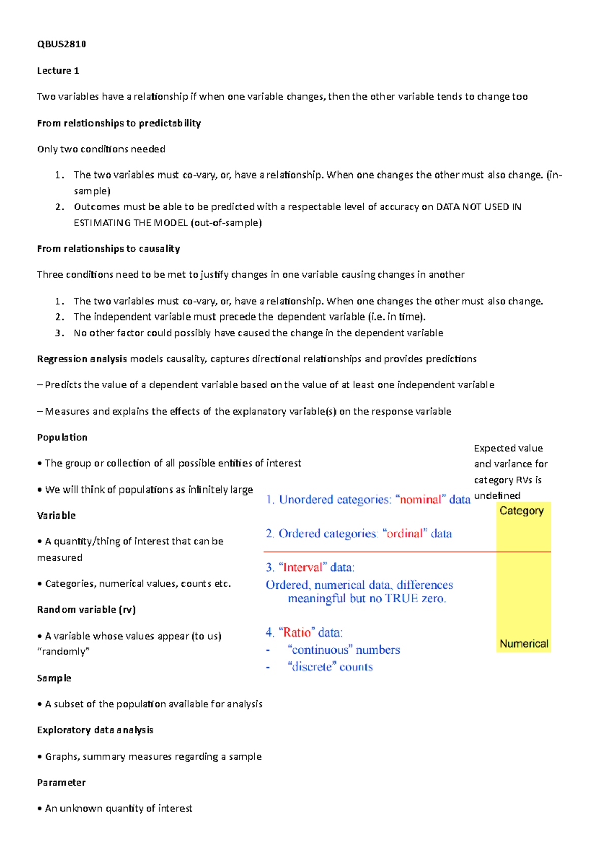 QBUS2810 Notes - QBUS Lecture 1 Two variables have a relationship if ...