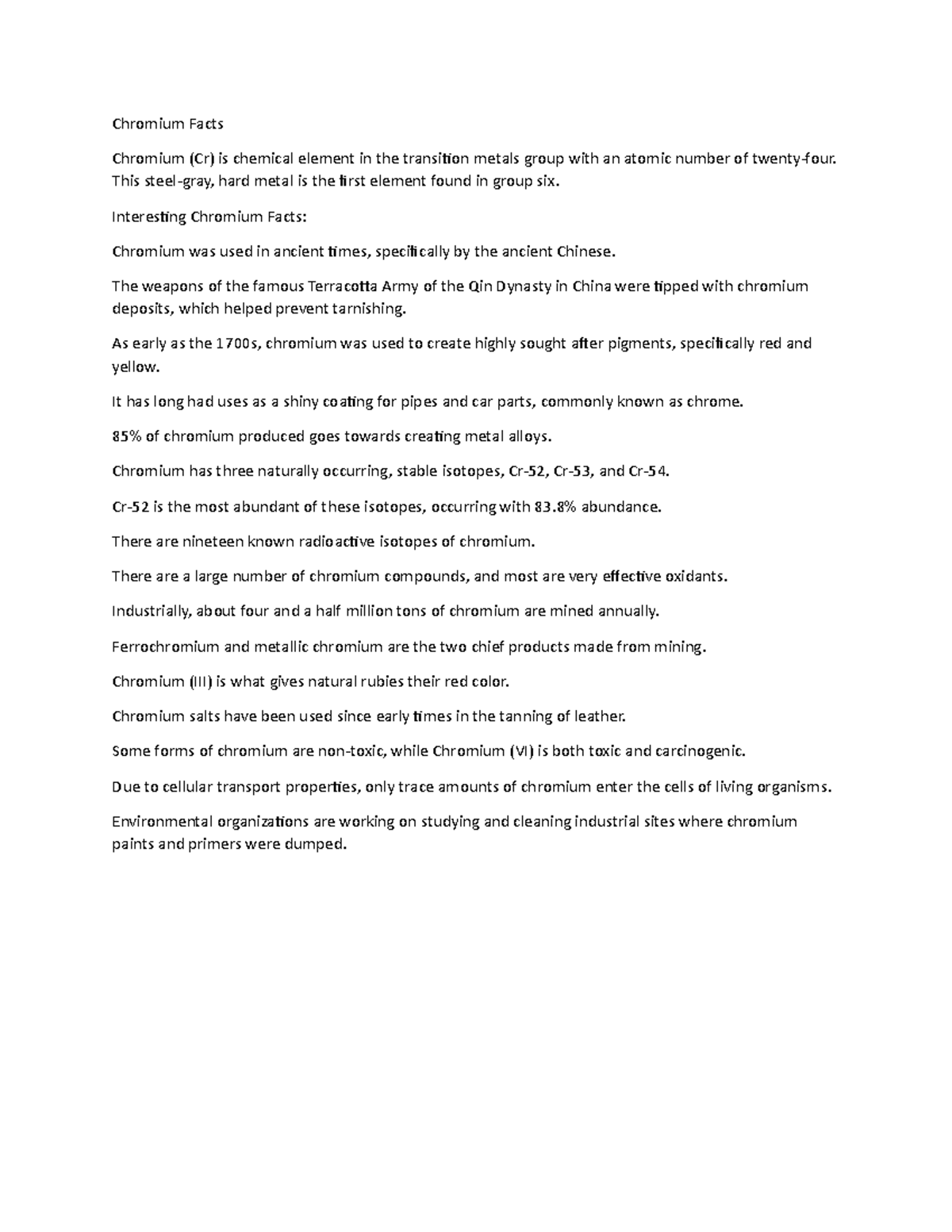 Chromium Facts - Lecture notes 6 - Chromium Facts Chromium (Cr) is ...