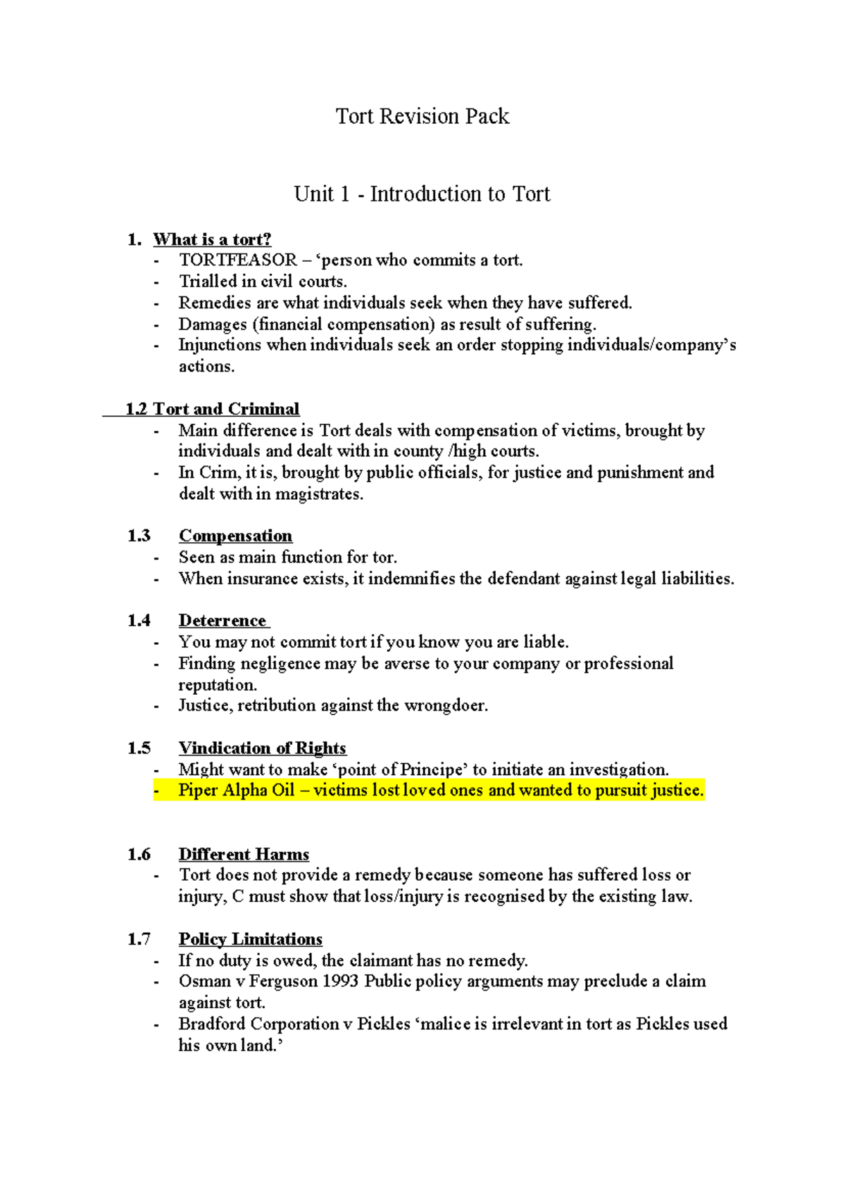 Tort Revision Packk - Tort Revision Pack Unit 1 - Introduction to Tort ...