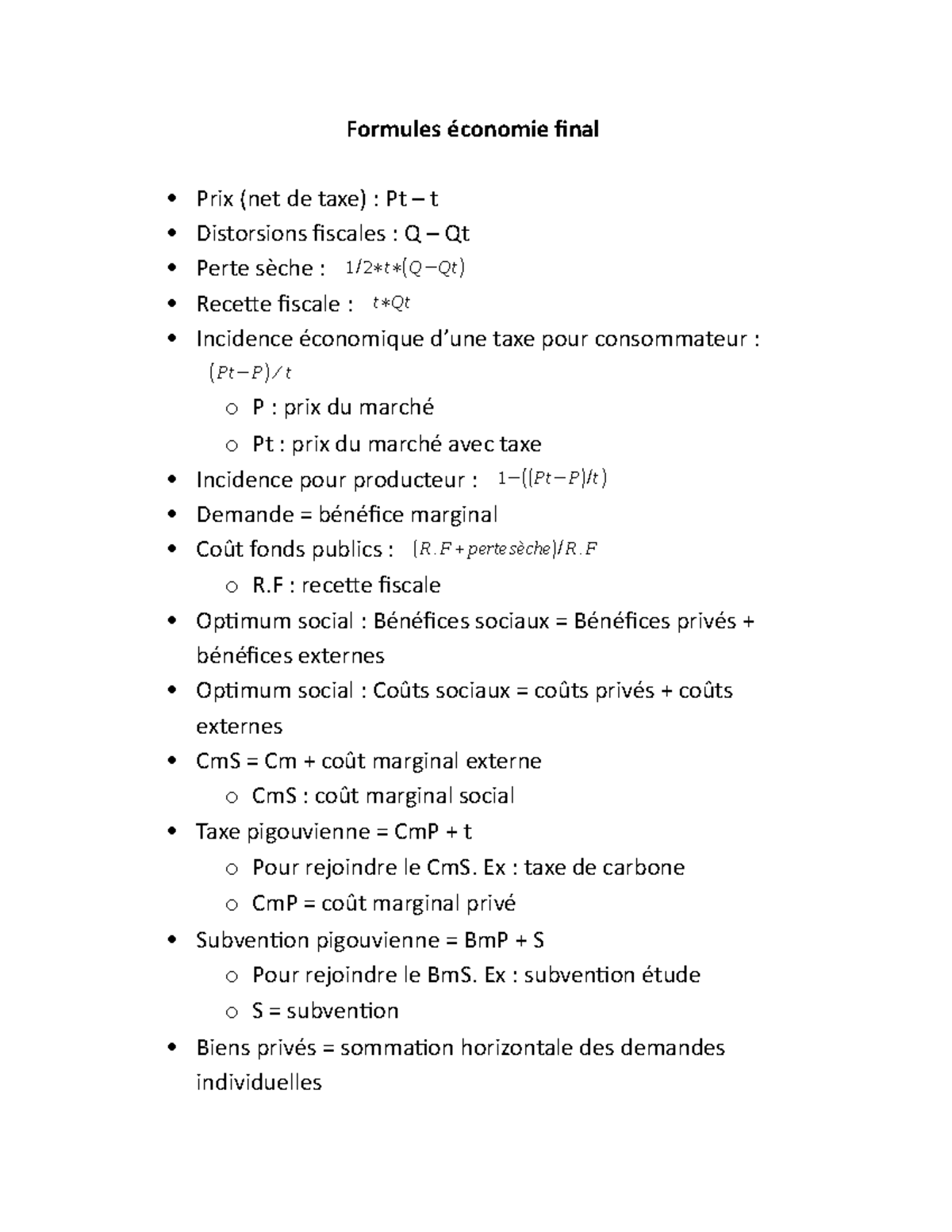 Formules ECO1300 final - Formules économie final Prix (net de taxe ...
