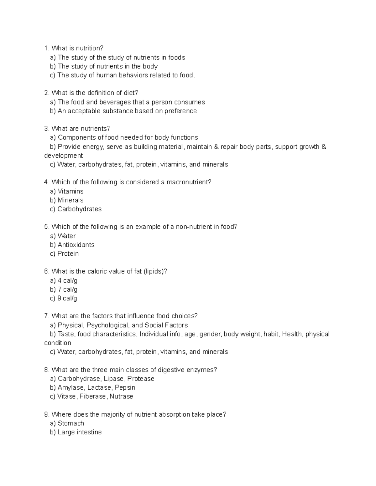 Food and Nutrition Practice Questions - What is nutrition? a) The study ...