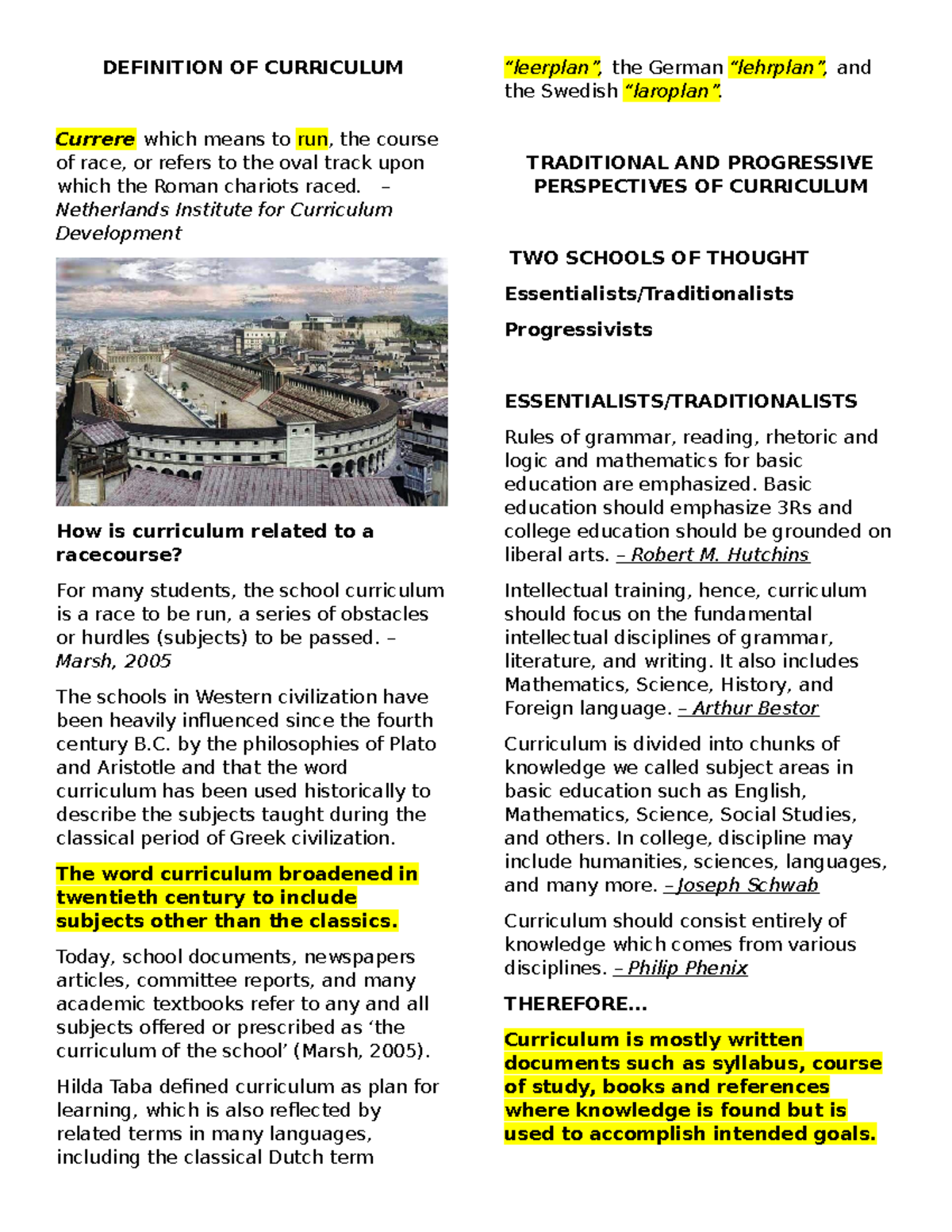 TSC Reviewer FOR Midterm - DEFINITION OF CURRICULUM Currere which means ...