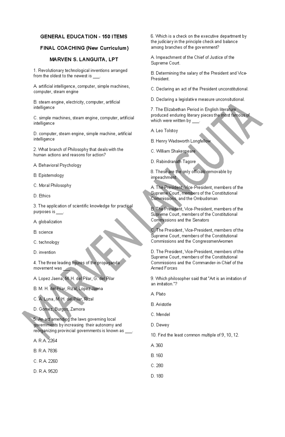 GEN-ED-2023FC - GENERAL EDUCATION - 150 ITEMS FINAL COACHING (New ...