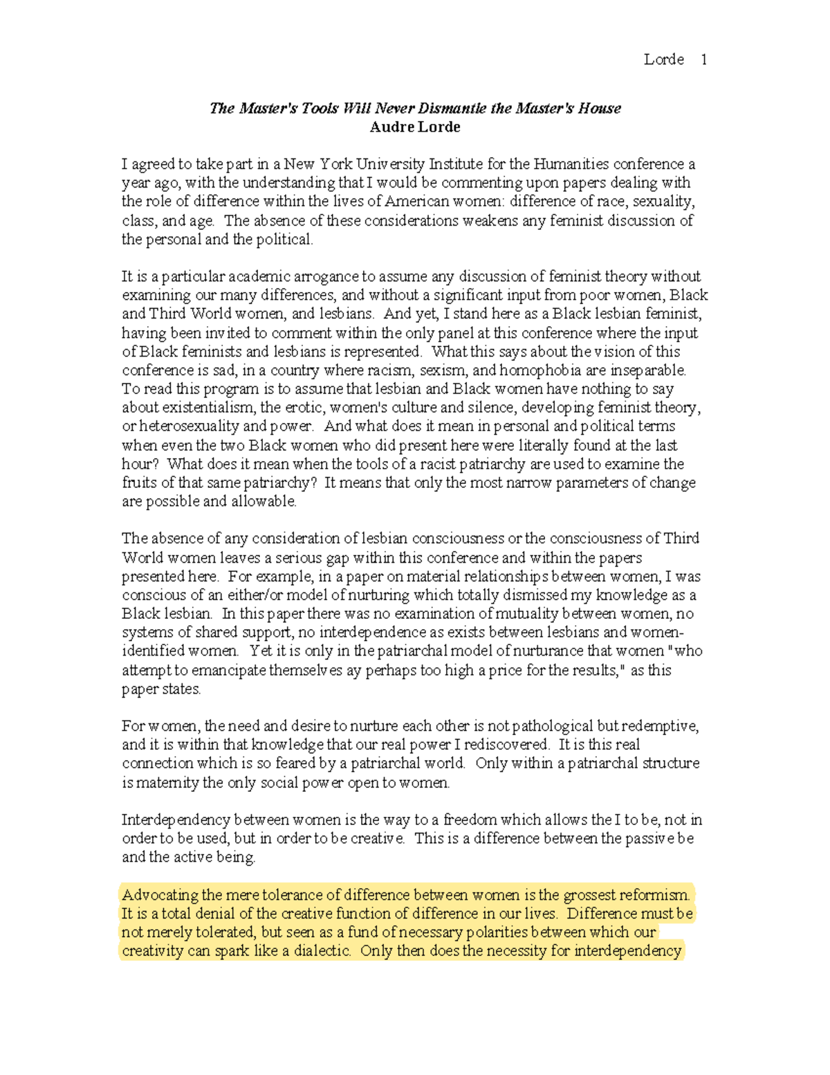 Week 1 Reading Lorde - Lorde 1 The Master's Tools Will Never Dismantle ...