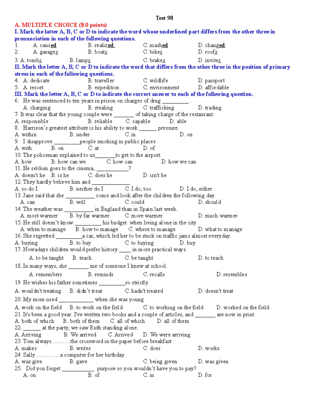 Test 98 3 - Test 98 3 - Test 98 A. MULTIPLE CHOICE (8 points) I. Mark ...