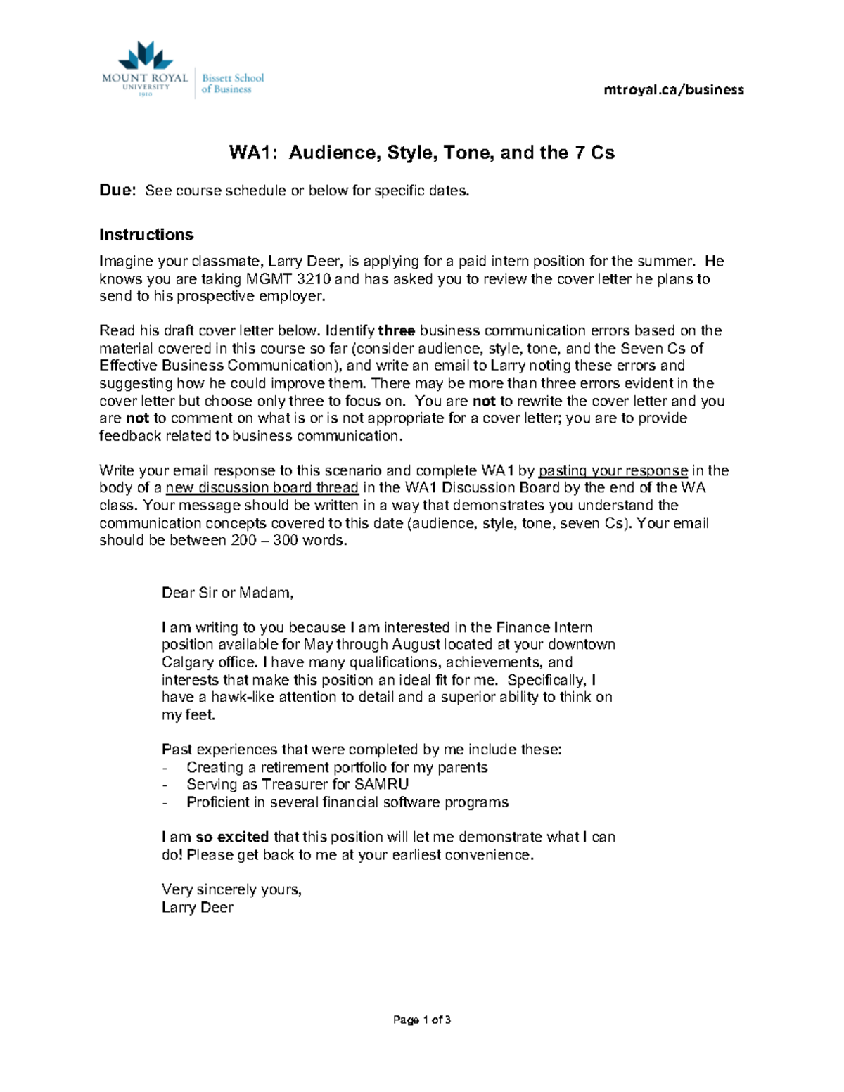 WA1 - Audience, Style, Tone, and Seven Cs - mtroyal/business Page 1 of ...