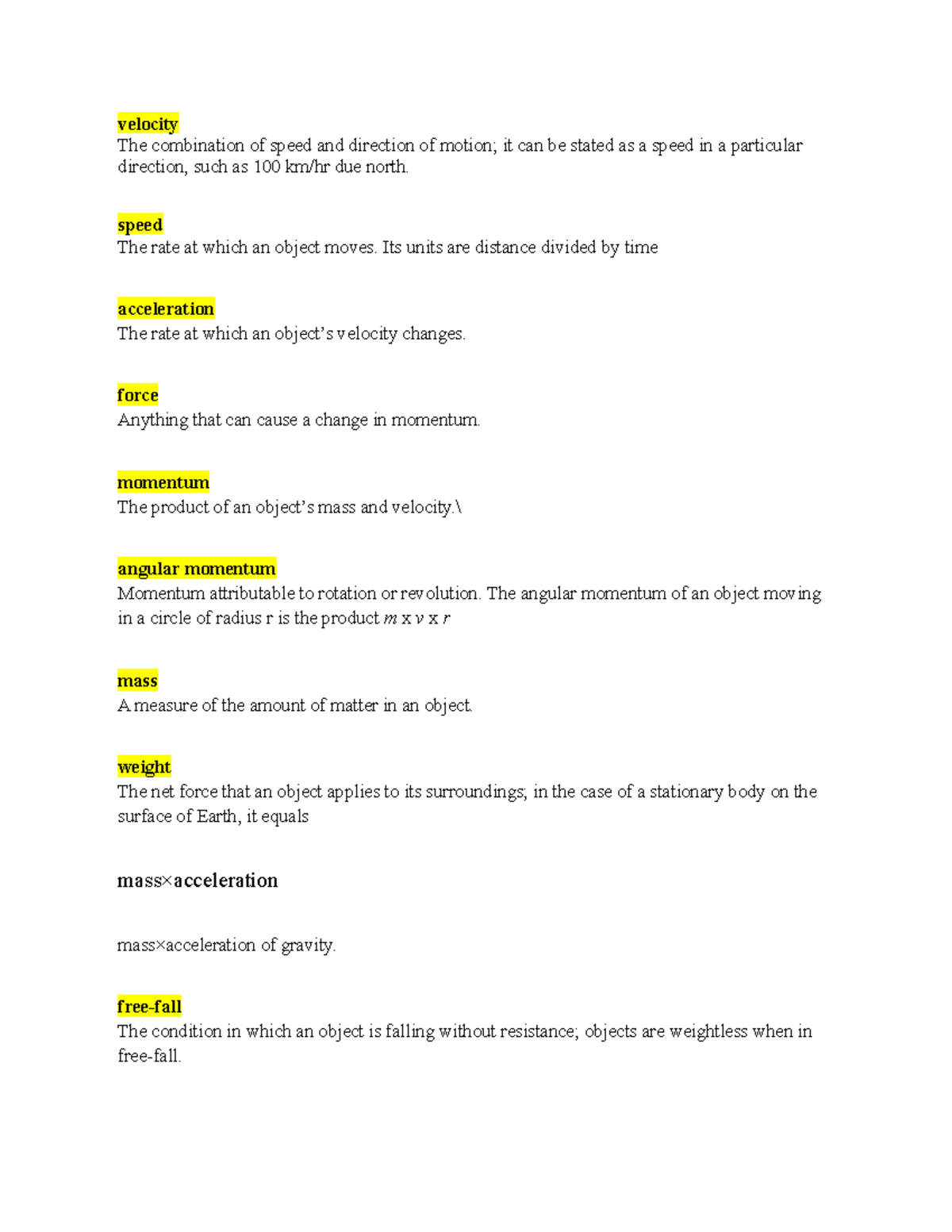 Unit 1 Test - Notes for the Unit 1 test - velocity The combination of ...
