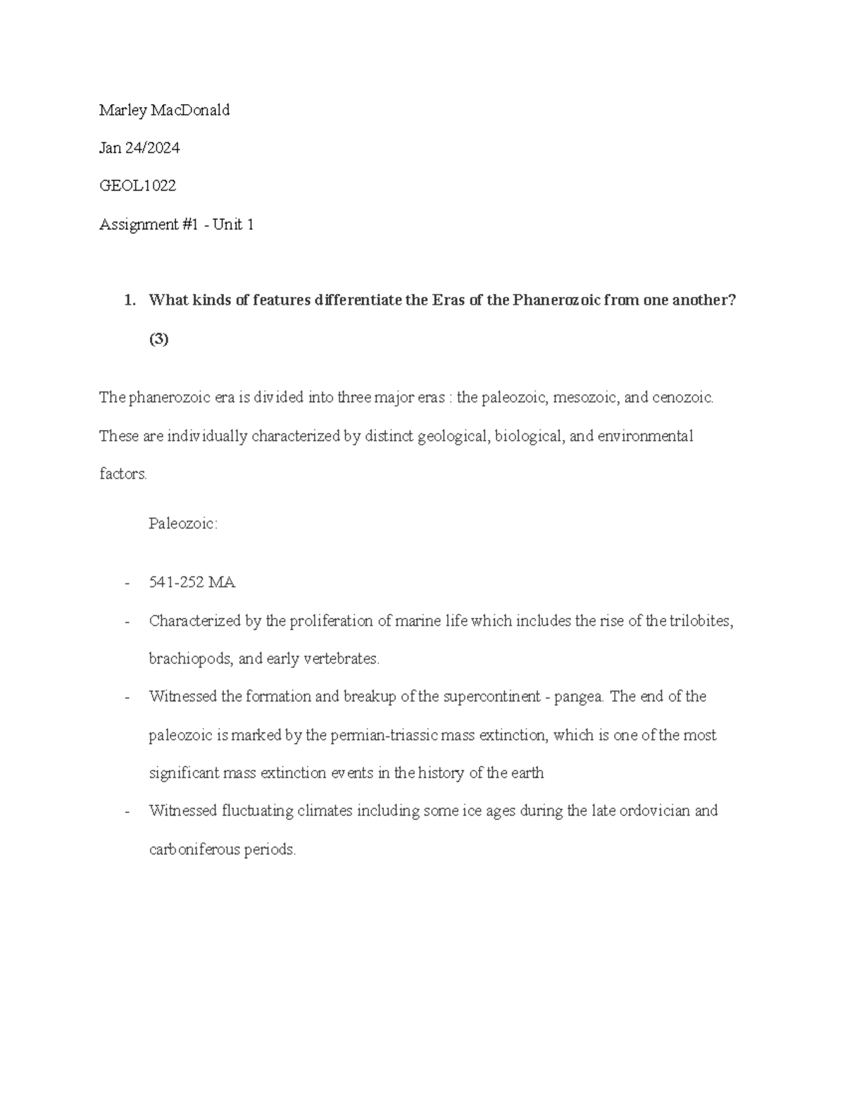 GEOL1022 Assignment 1 - Marley MacDonald Jan 24/ GEOL Assignment #1 ...