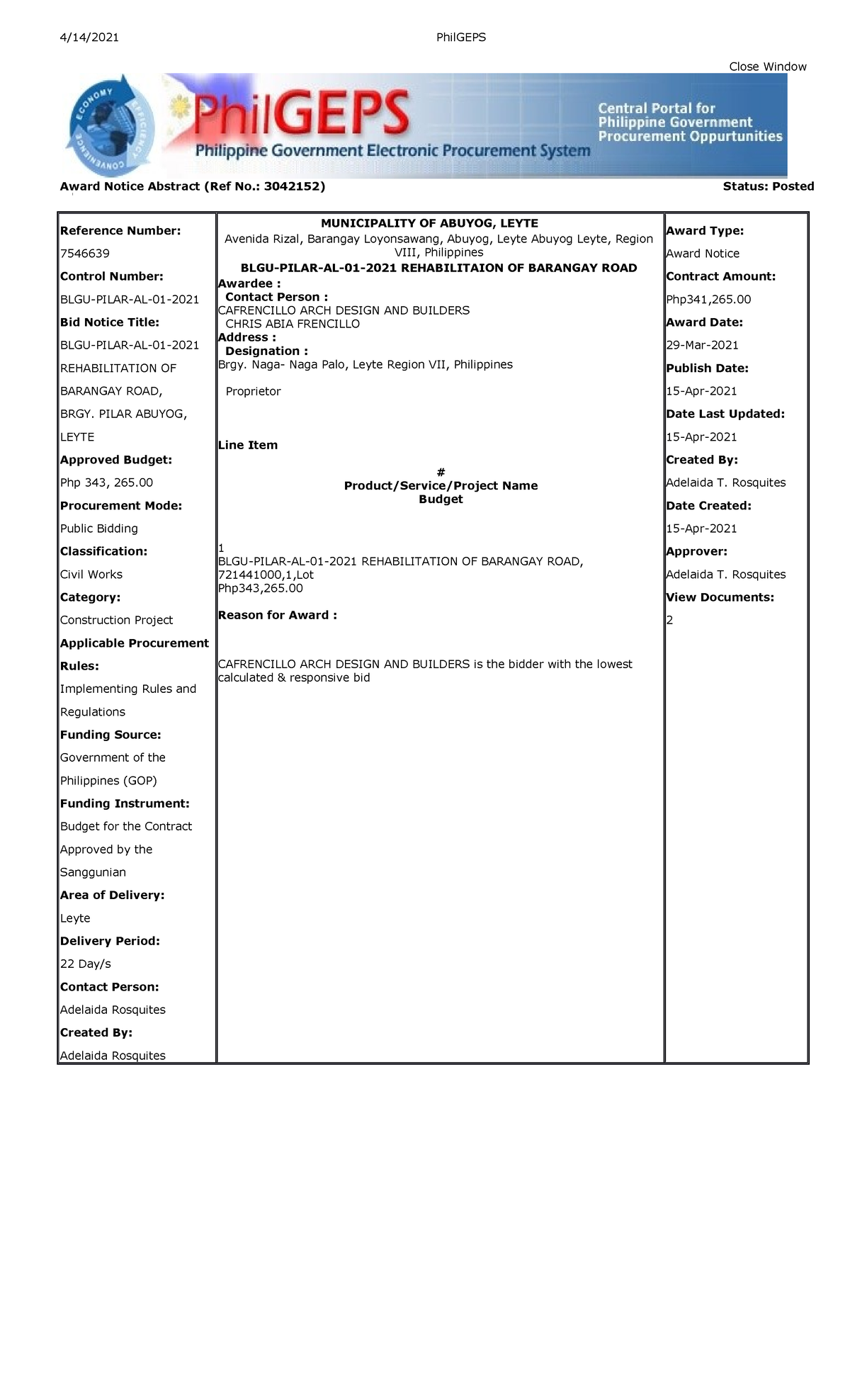 Award TYPE Philgeps - Nothing to discuss here. - Close Window Award ...