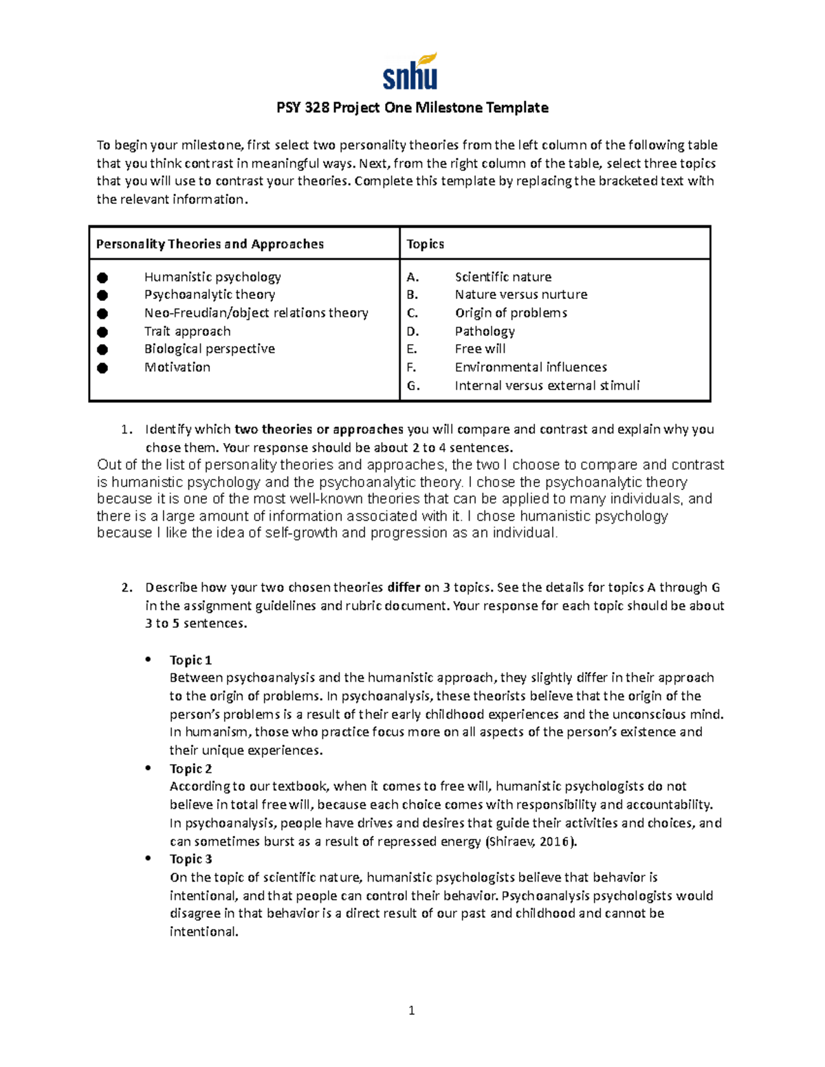 PSY 328 Project One Milestone Templatenfinal - PSY 328 Project One ...