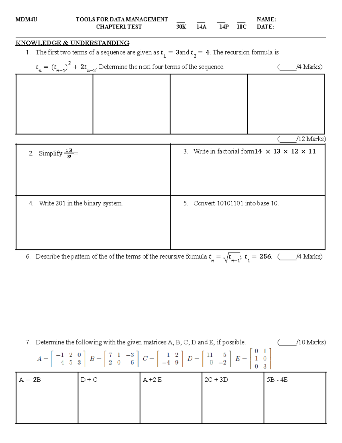 Chapter 1 Test - data management - MDM4U TOOLS FOR DATA MANAGEMENT ...