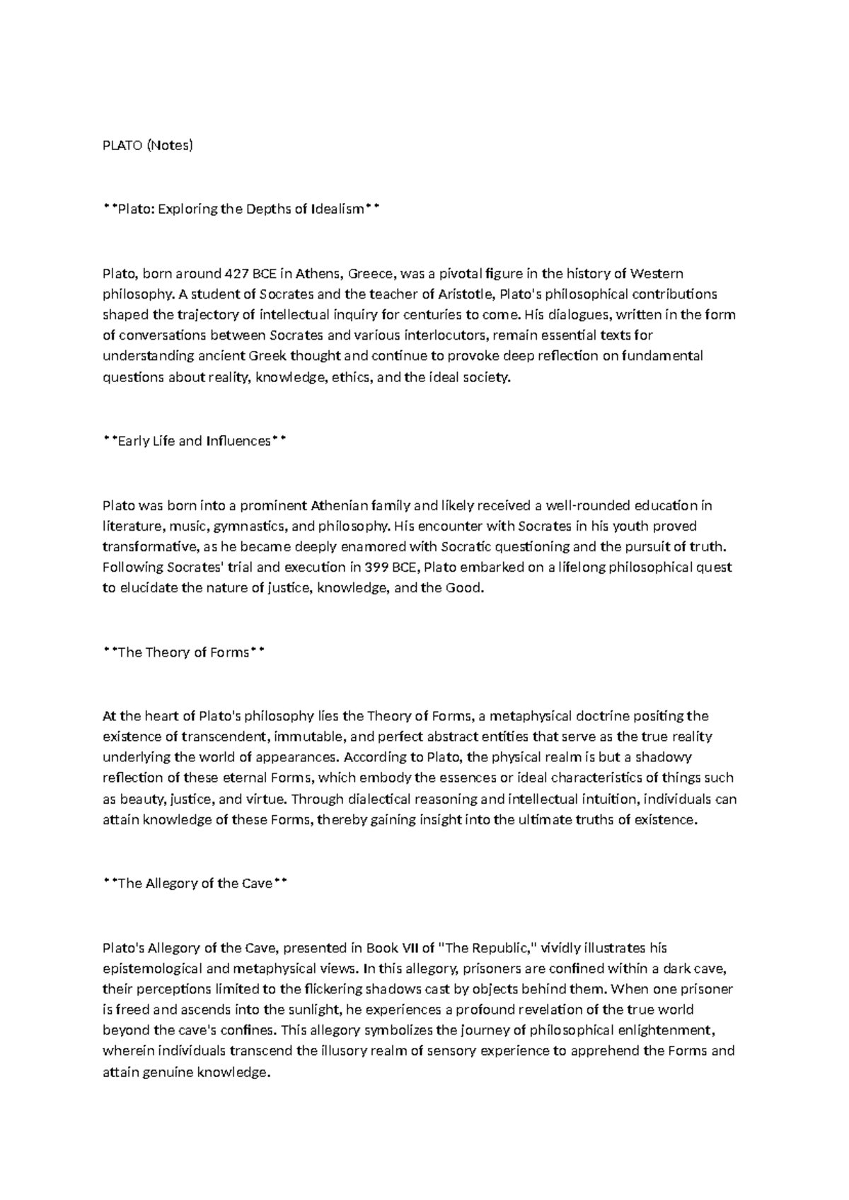 Plato Summary Notes - PLATO (Notes) Plato: Exploring the Depths of ...