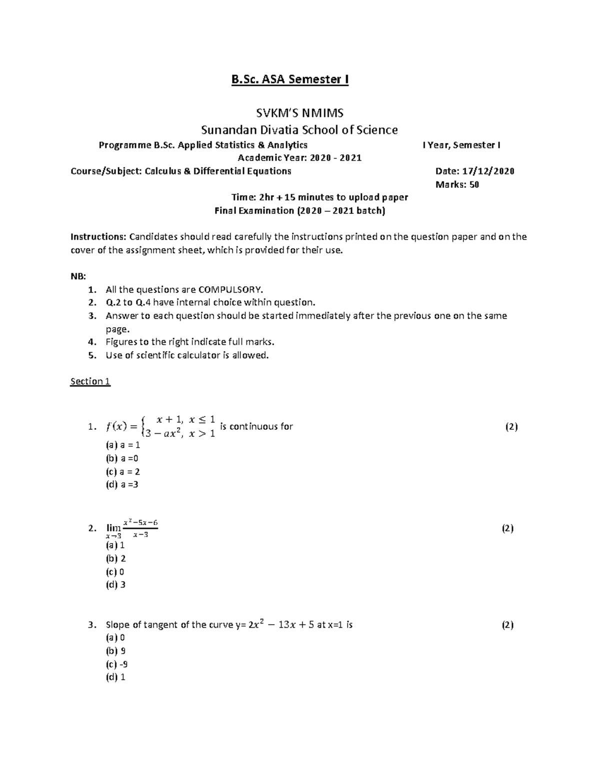 BSc ASA Sem I CDE T - WFAF - B. ASA Semester I SVKM’S NMIMS Sunandan ...