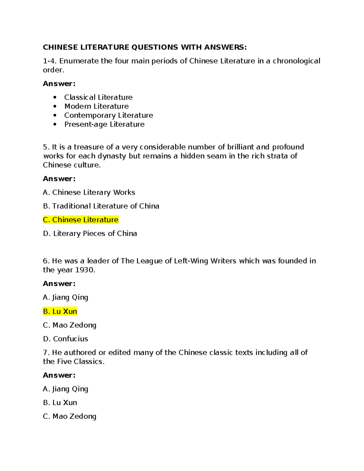 Chinese Literature Questions WITH Answers - CHINESE LITERATURE ...