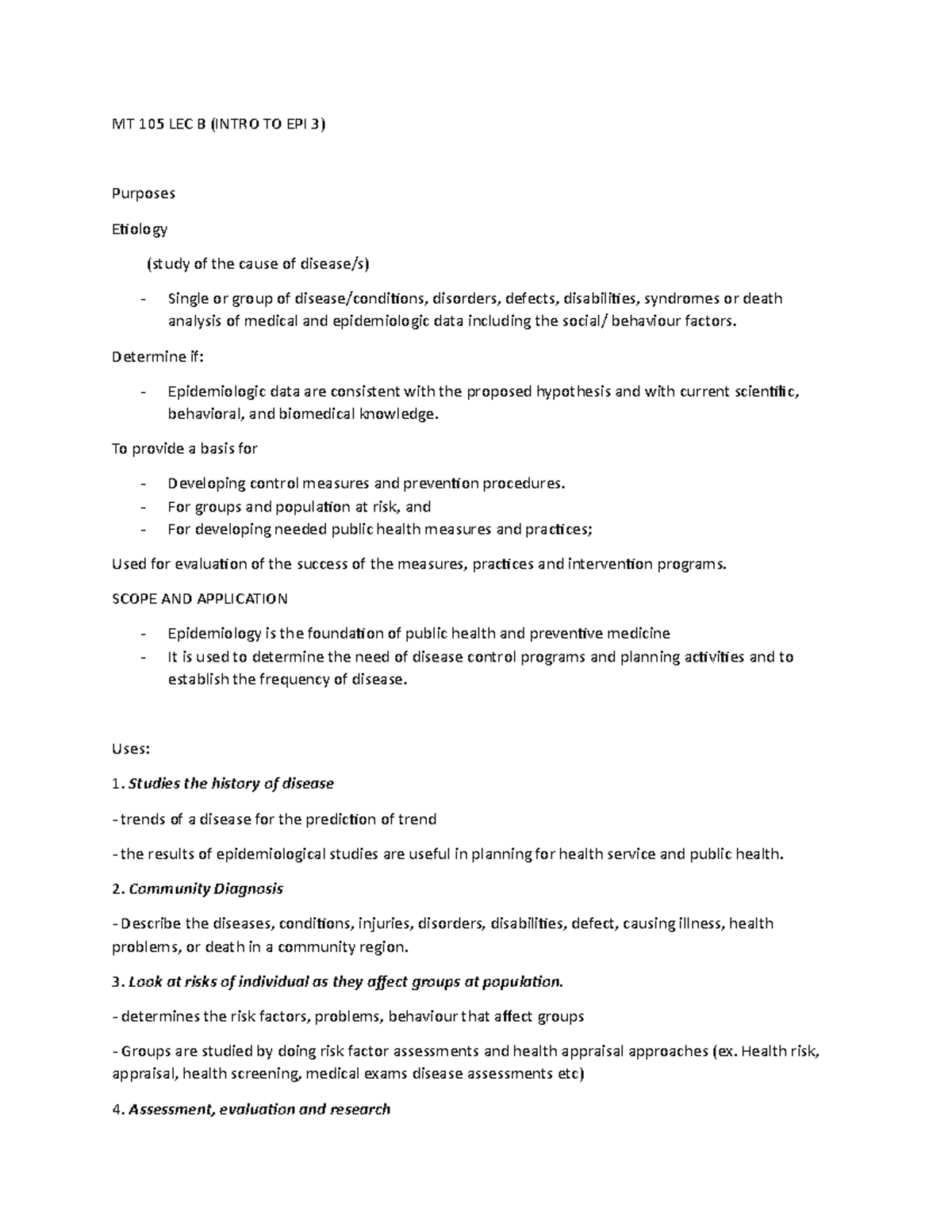 MT 105 LEC B Intro TO EPI 3 - MT 105 LEC B (INTRO TO EPI 3) Purposes ...