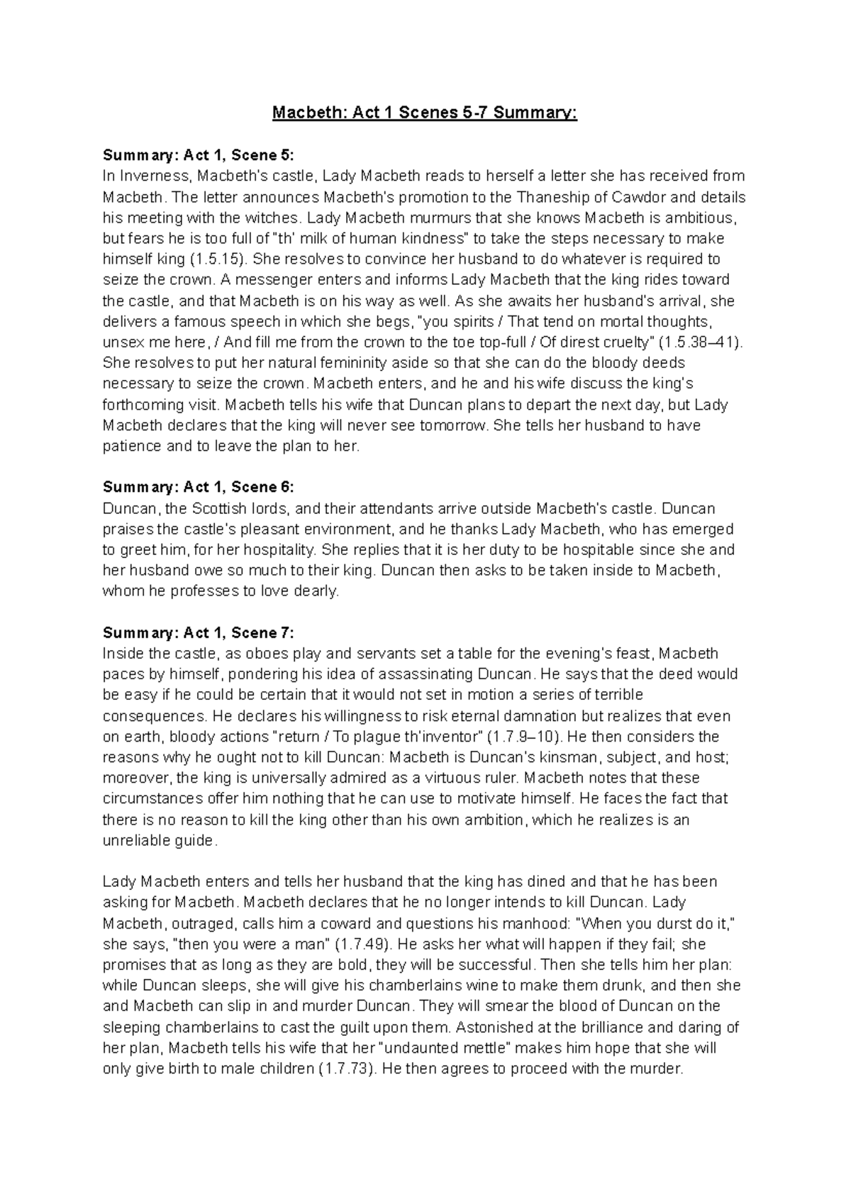 Macbeth Act 1 Scenes 5-7 Summary - Macbeth: Act 1 Scenes 5-7 Summary ...