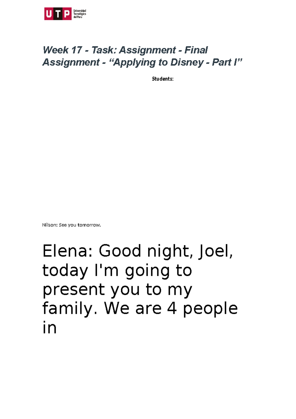 Semana 17 Ingles 1 - Week 17 - Task: Assignment - Final Assignment - “Applying to Disney - Part ...