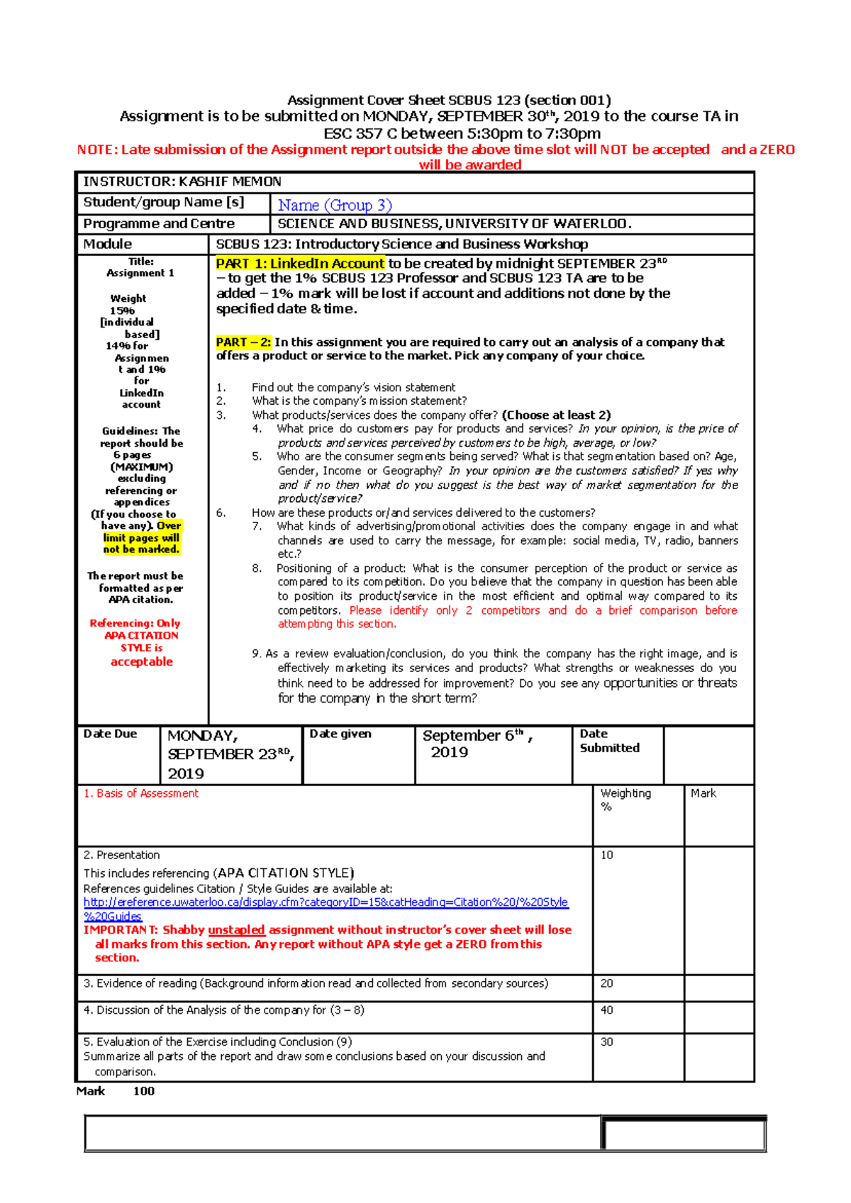 001- Scbus 123 Assignment 1 - Assignment is to be submitted on MONDAY ...