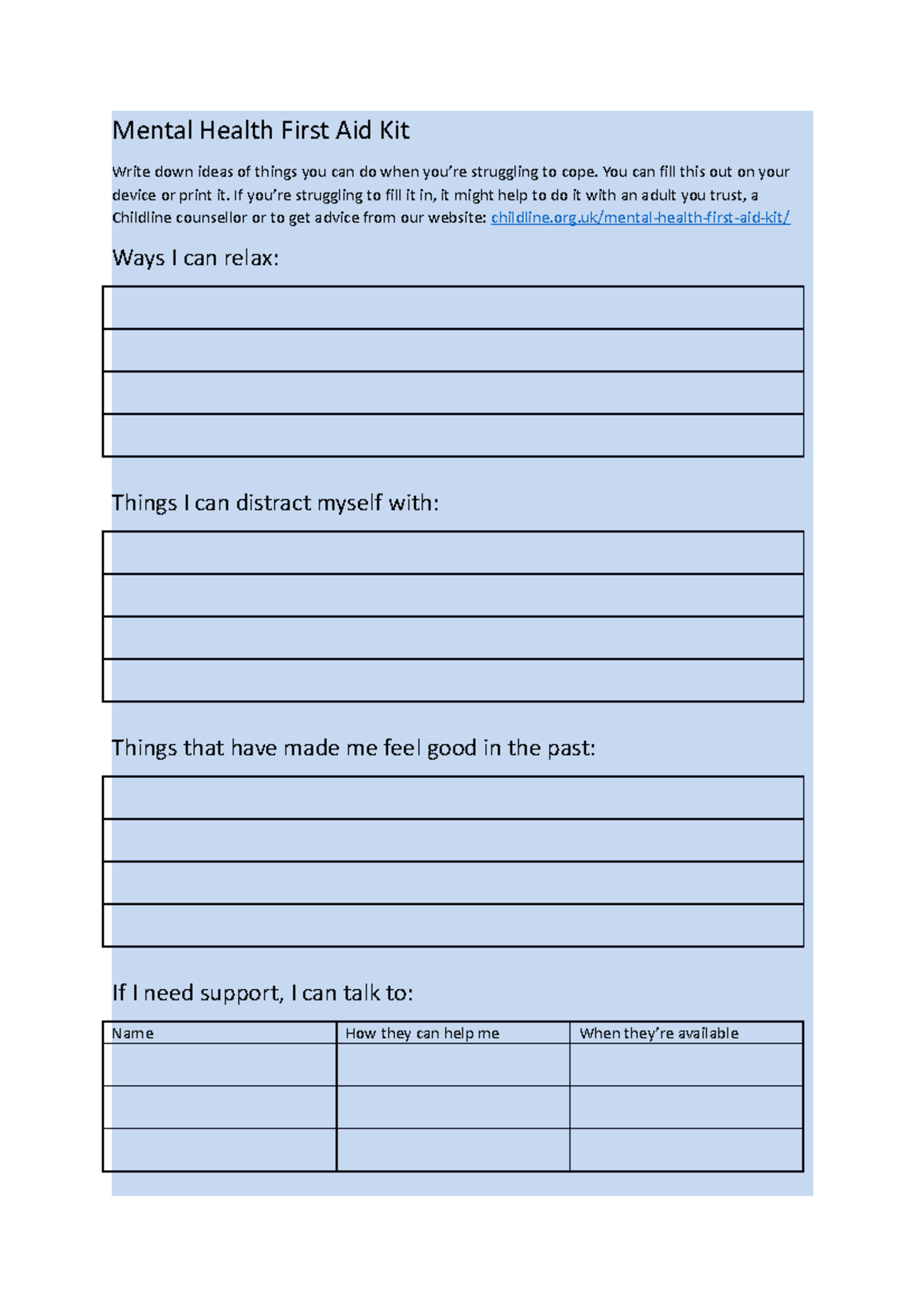 Mental health first aid kit - Mental Health First Aid Kit Write down ...