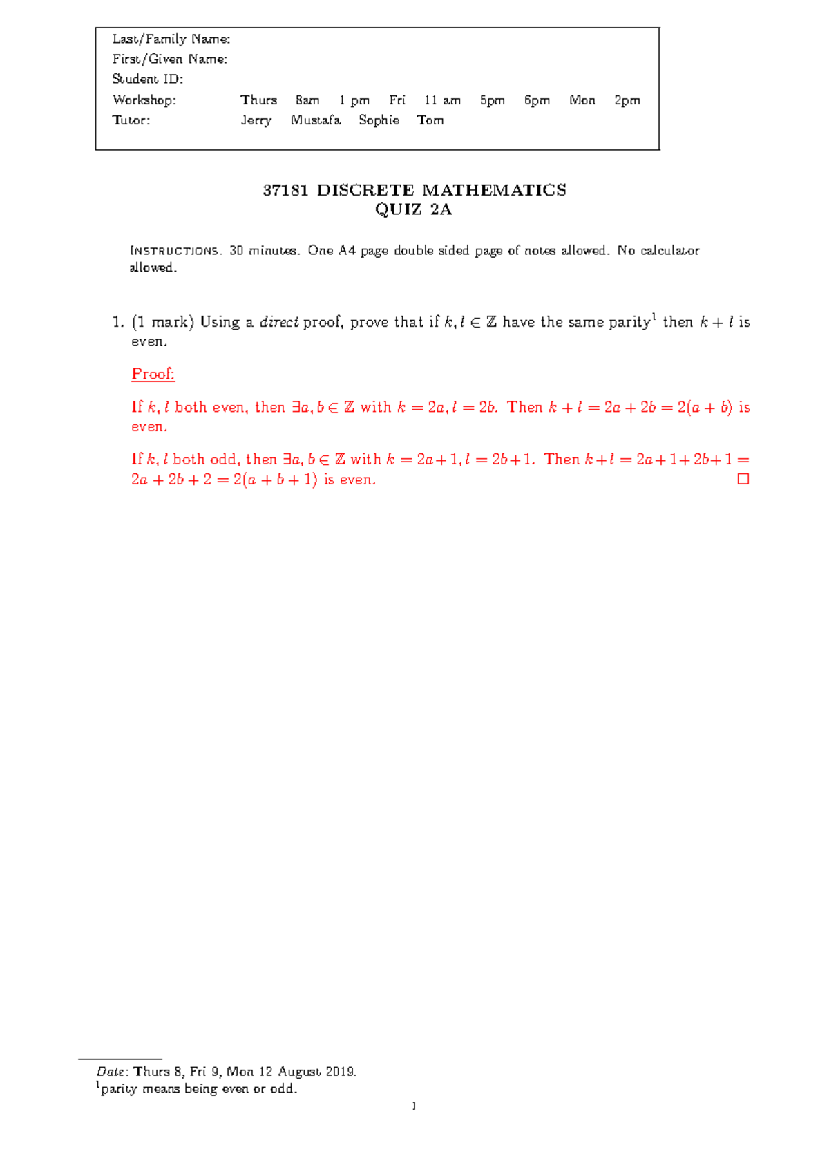 Quiz2-solution - Work - 37181 DISCRETE MATHEMATICS QUIZ 2A Instructions ...