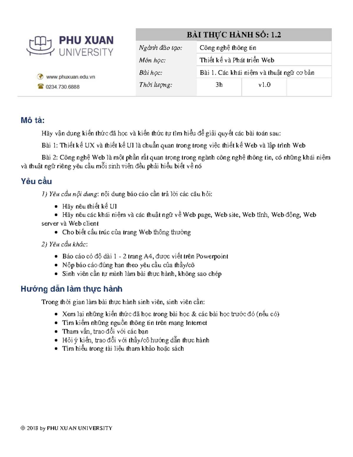 CNTT - bai tap - © 2018 by PHU XUAN UNIVERSITY BÀ I THỰ C HÀ NH SỐ : 1 ...
