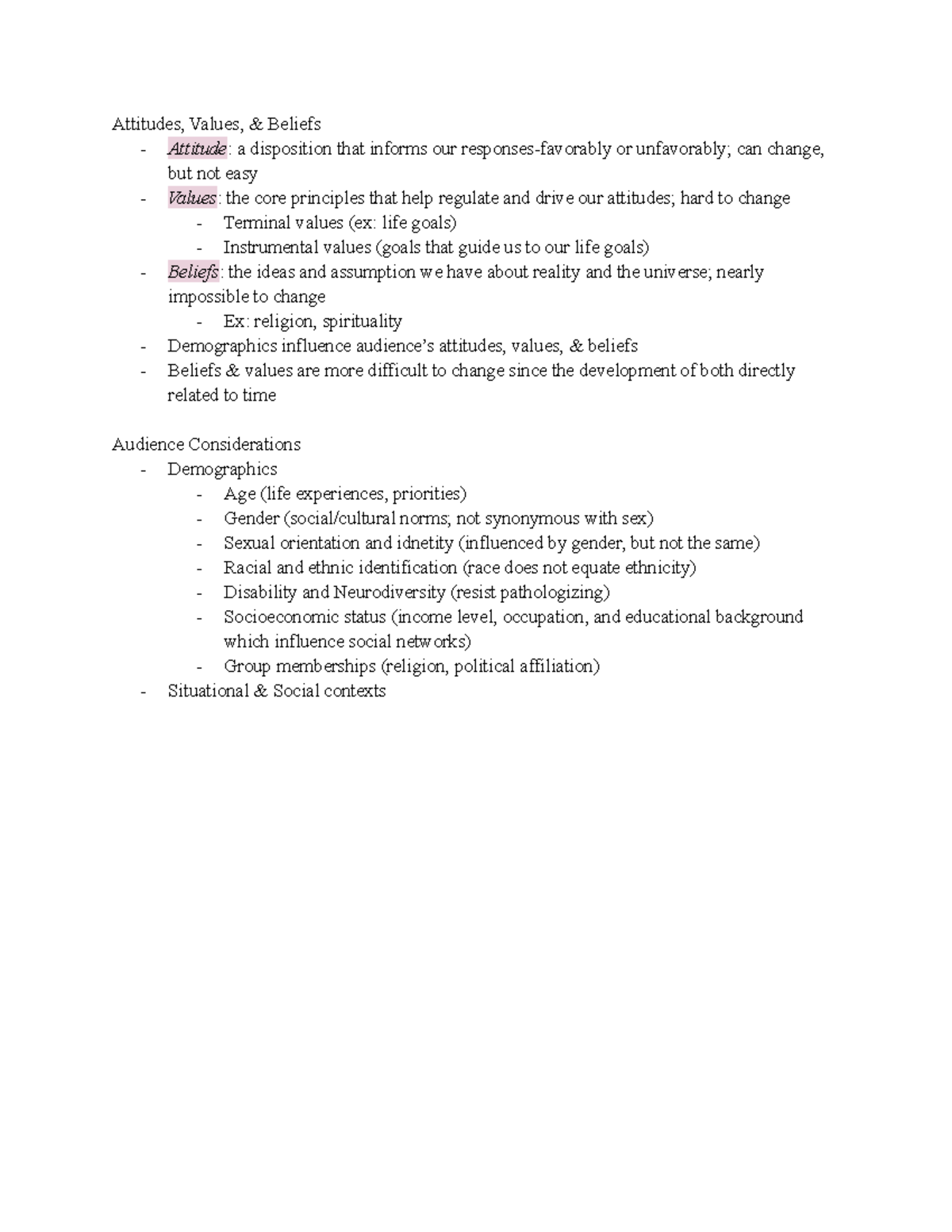 Audience Analysis Class Notes - Attitudes, Values, & Beliefs - Attitude ...