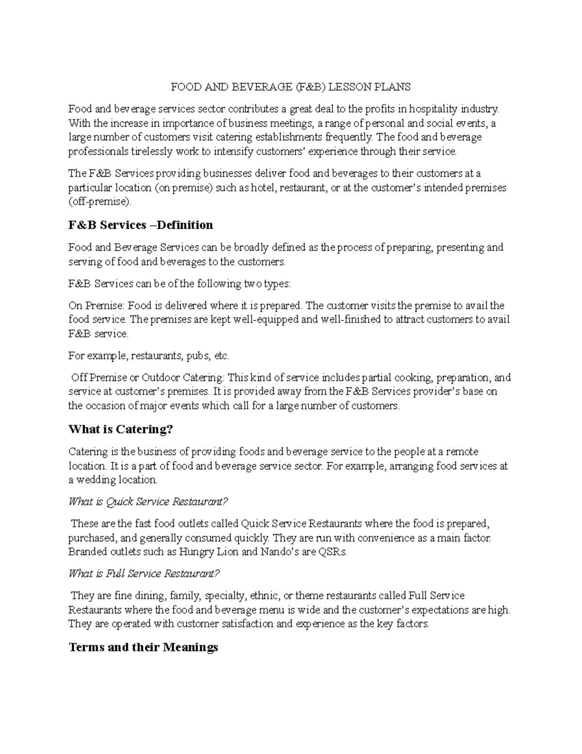 Food And Beverage Lesson Plan FOOD AND BEVERAGE F B LESSON PLANS