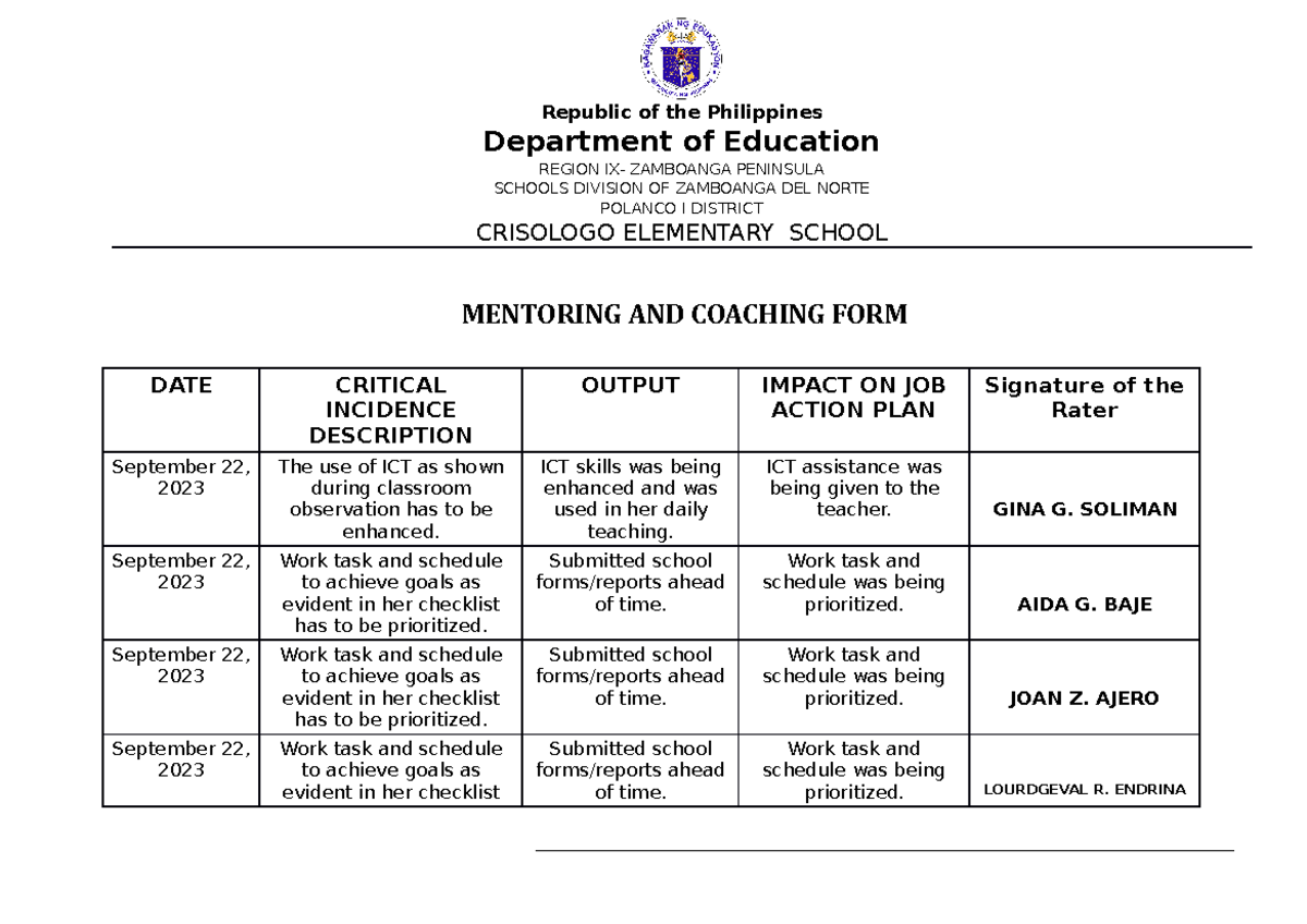 Mentoring AND Coaching FORM - Department of Education REGION IX- ZAMBOANGA PENINSULA SCHOOLS ...