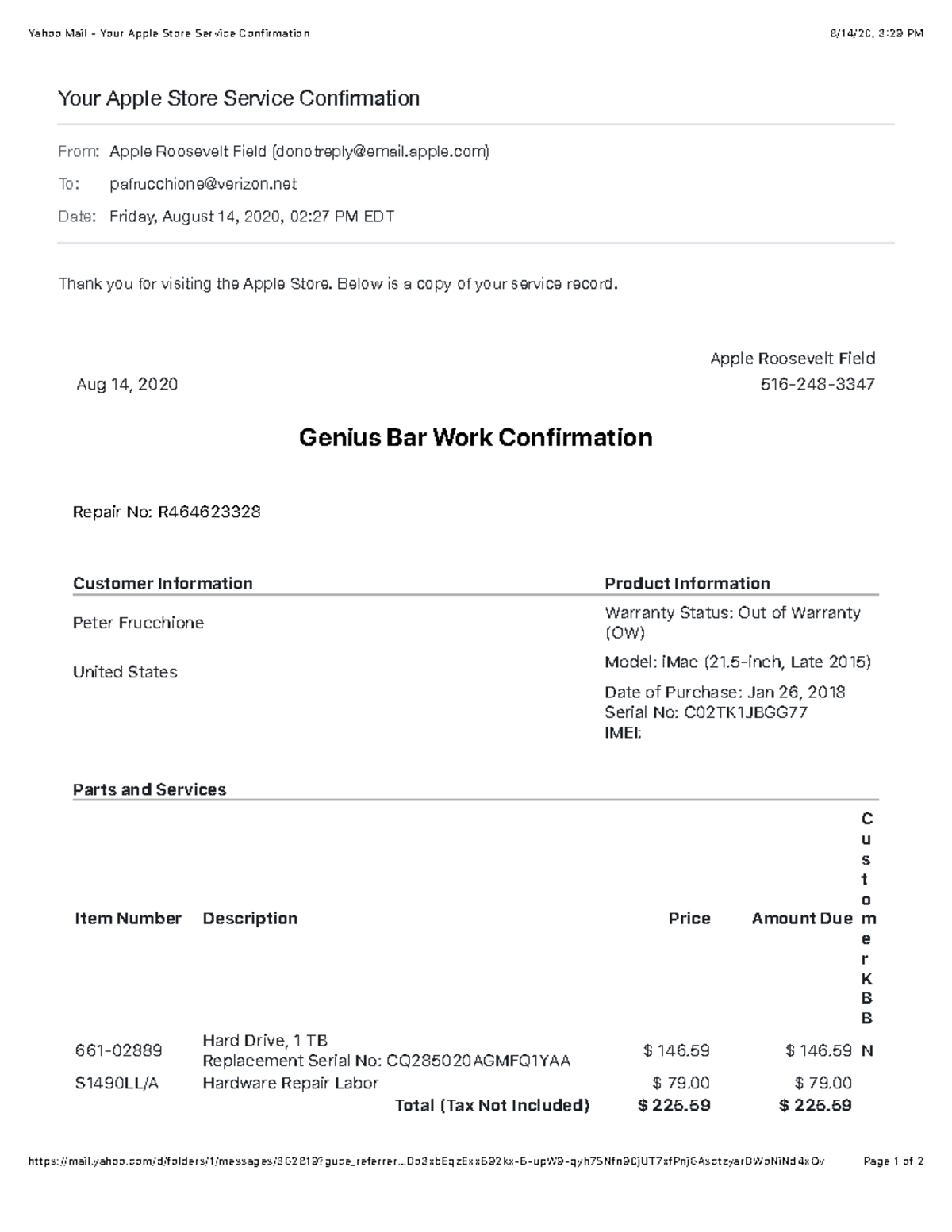 Yahoo Mail - Your Apple Store Service Confirmation - - Studocu