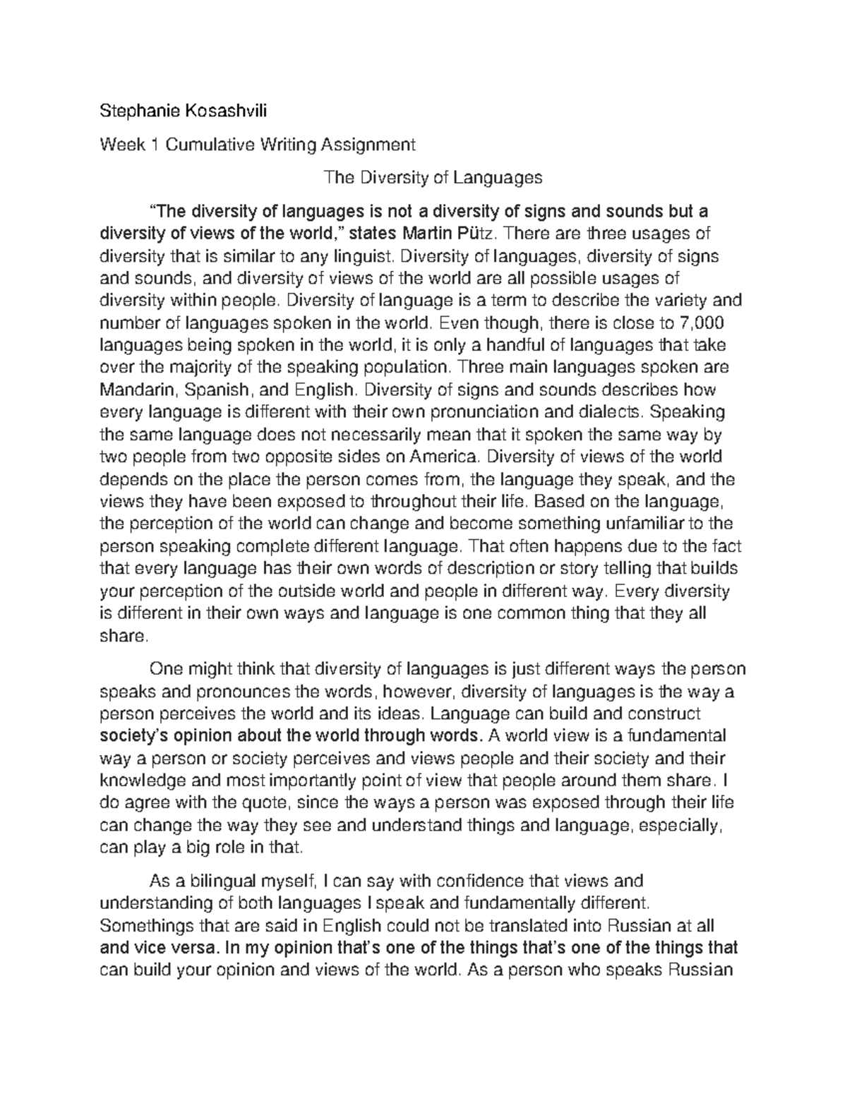 Week 1 Cumulative Writing Assignment - Stephanie Kosashvili Week 1 ...