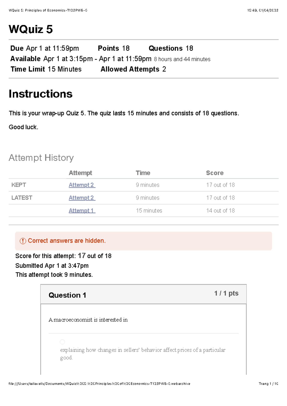 WQuiz 5: Principles of Economics - WQuiz 5 Due Apr 1 at 11:59pm Points ...