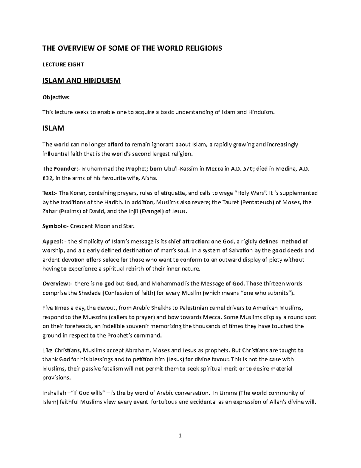 Lecture 8 - Overview OF THE World Religions - THE OVERVIEW OF SOME OF ...