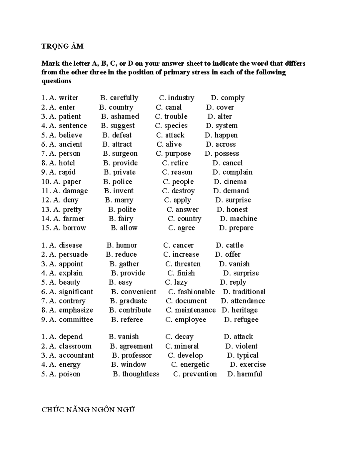 TRỌNG ÂM - TRỌNG ÂM Mark the letter A, B, C, or D on your answer sheet ...