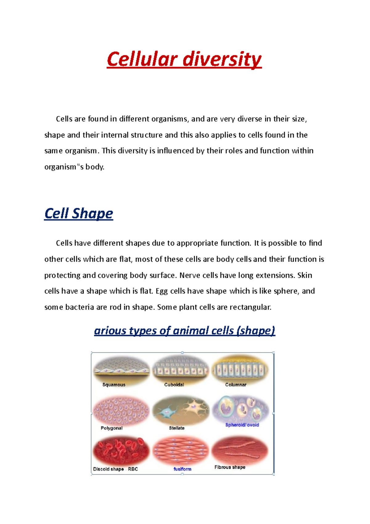 Cellular diversity - Cellular diversity Cells are found in different ...