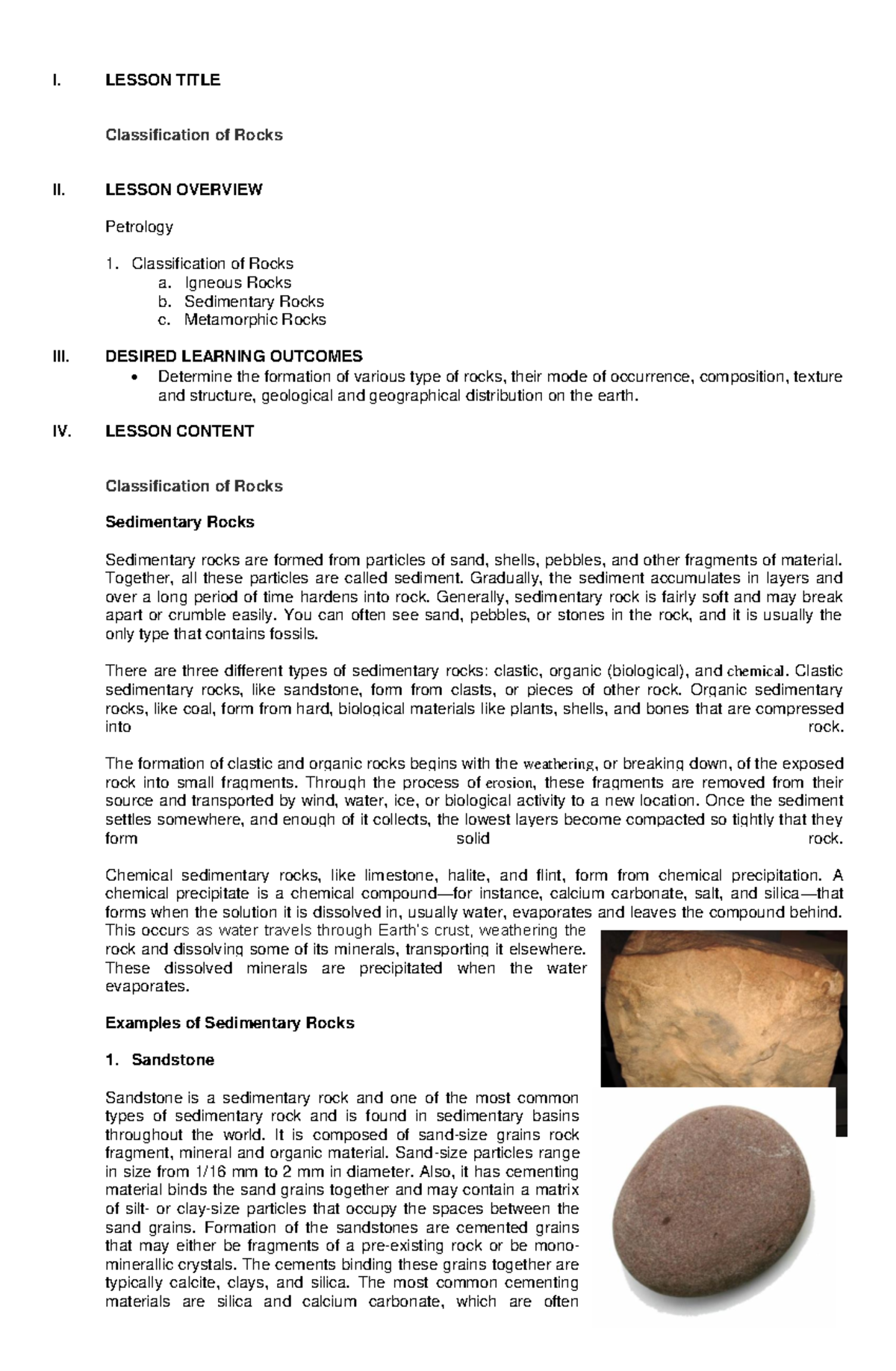 Sedimentary Rocks - I. LESSON TITLE Classification of Rocks II. LESSON ...
