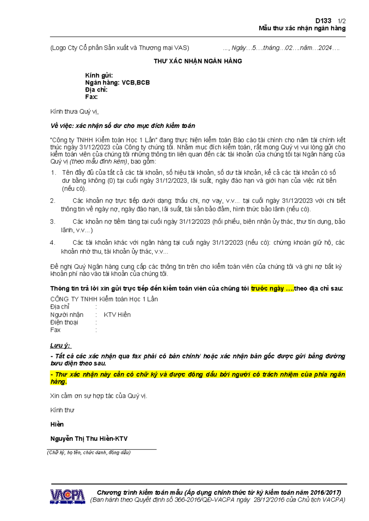 D133-Mau thu xac nhan TGNH (x) - D133 1/ Mẫu thư xác nhận ngân hàng (Logo Cty Cổ phần Sản xuất ...