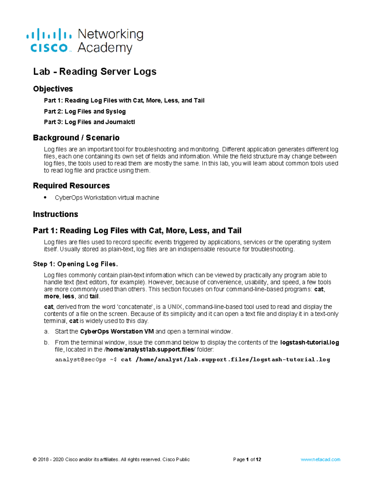 1727 Lab Reading Server Logs Objectives Part 1 Reading Log Files With Cat More Less